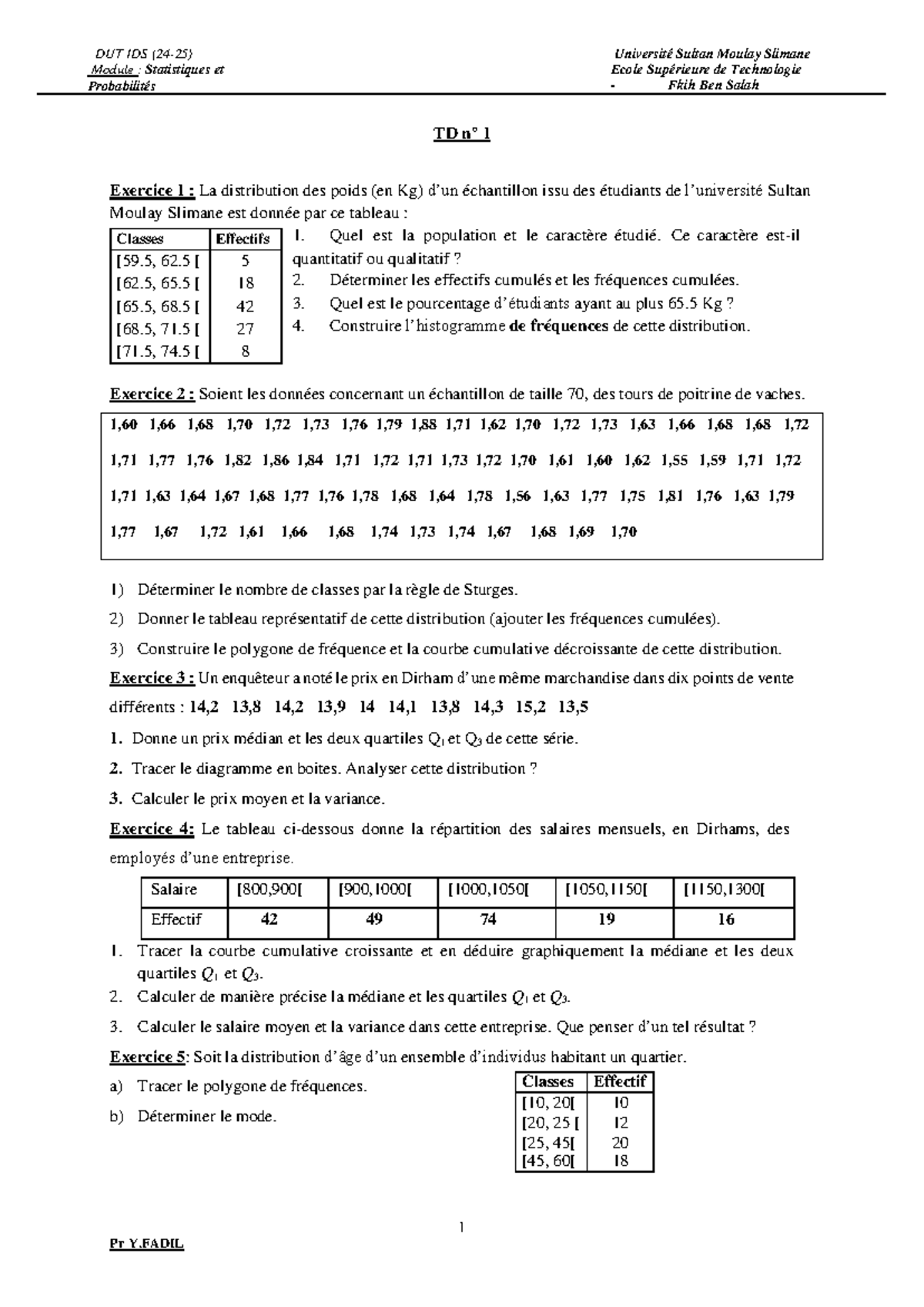 DUT IDS TD 1 : Statistiques et Probabilités - Exercice 1 à 5 - Studocu