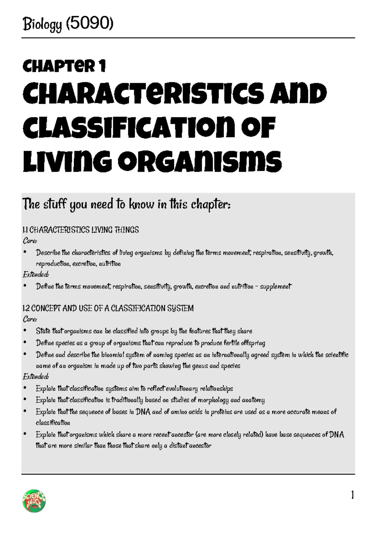 Biology (5090) Chapter 1: Characteristics & Classification of Life ...