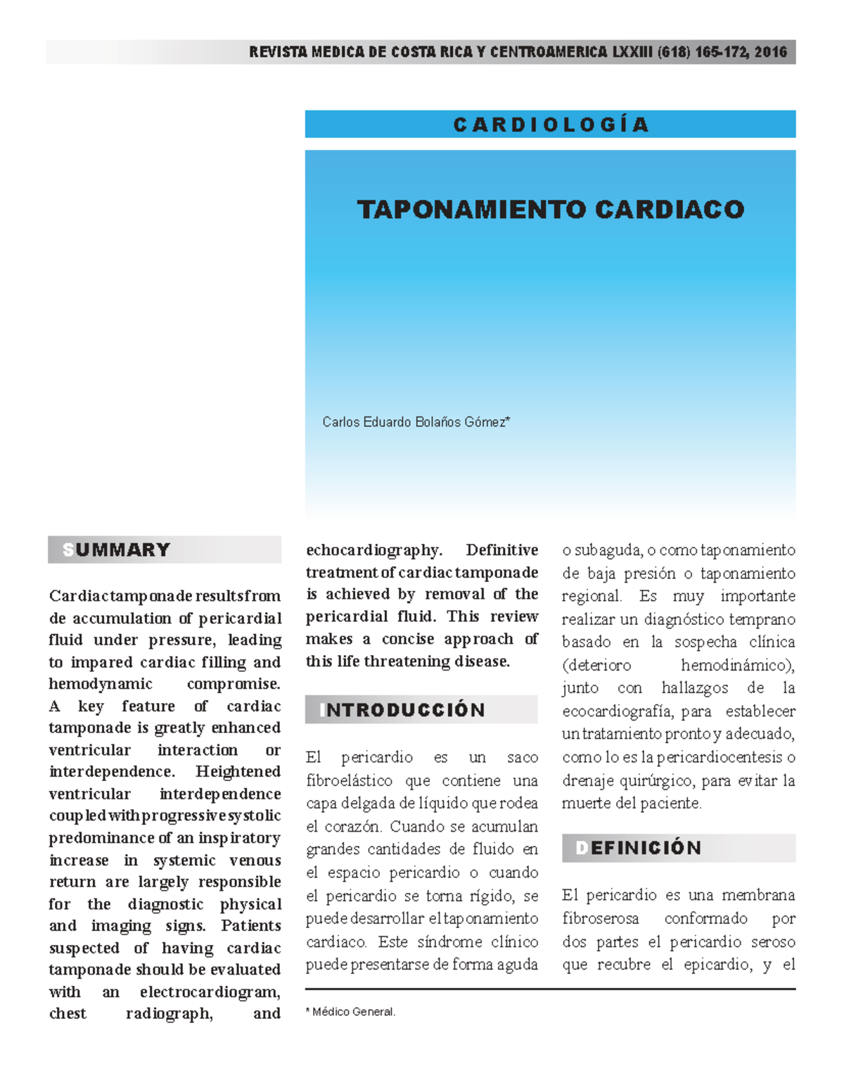 Taponamiento Cardíaco: Diagnóstico y Manejo Clínico (618) 2016 - Studocu