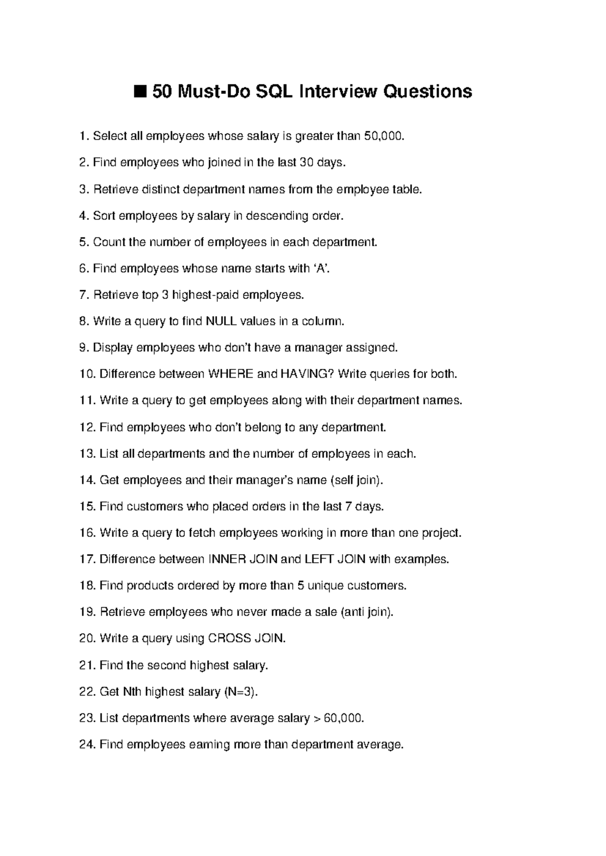 SQL 50 Interview Questions: Essential Queries for Success - Studocu