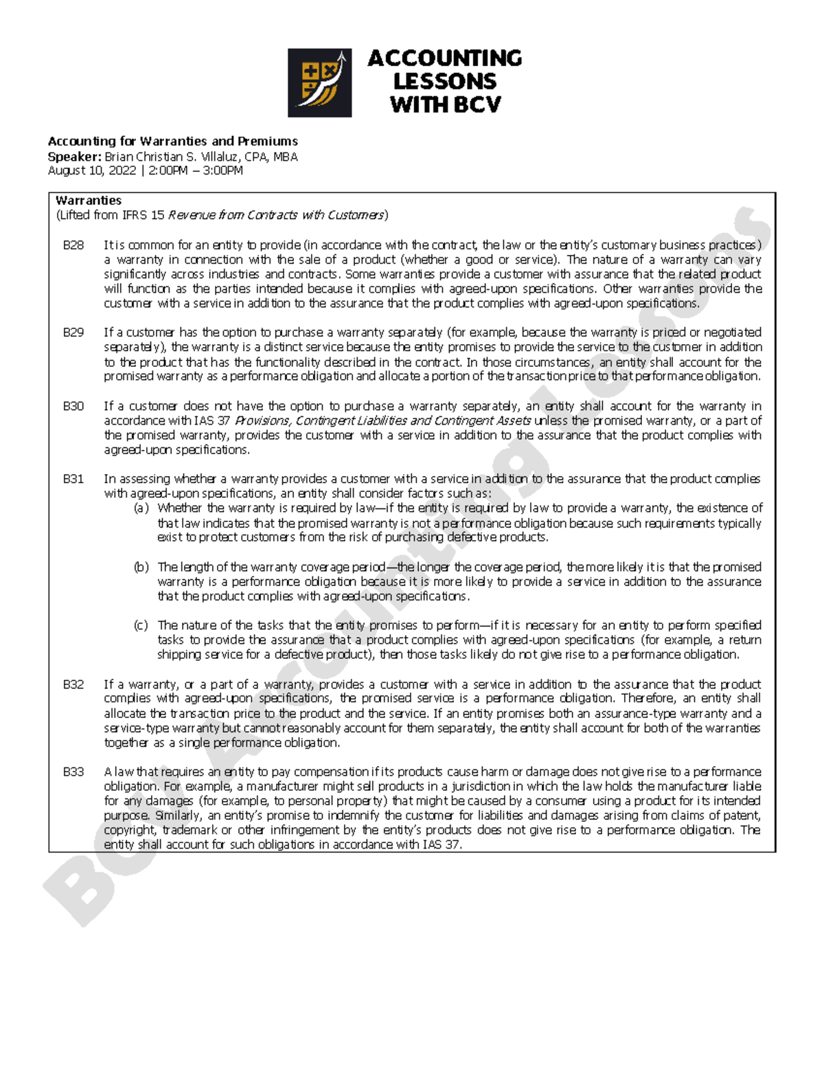BCV Accounting Lesson: Warranties & Premiums Overview - Studocu