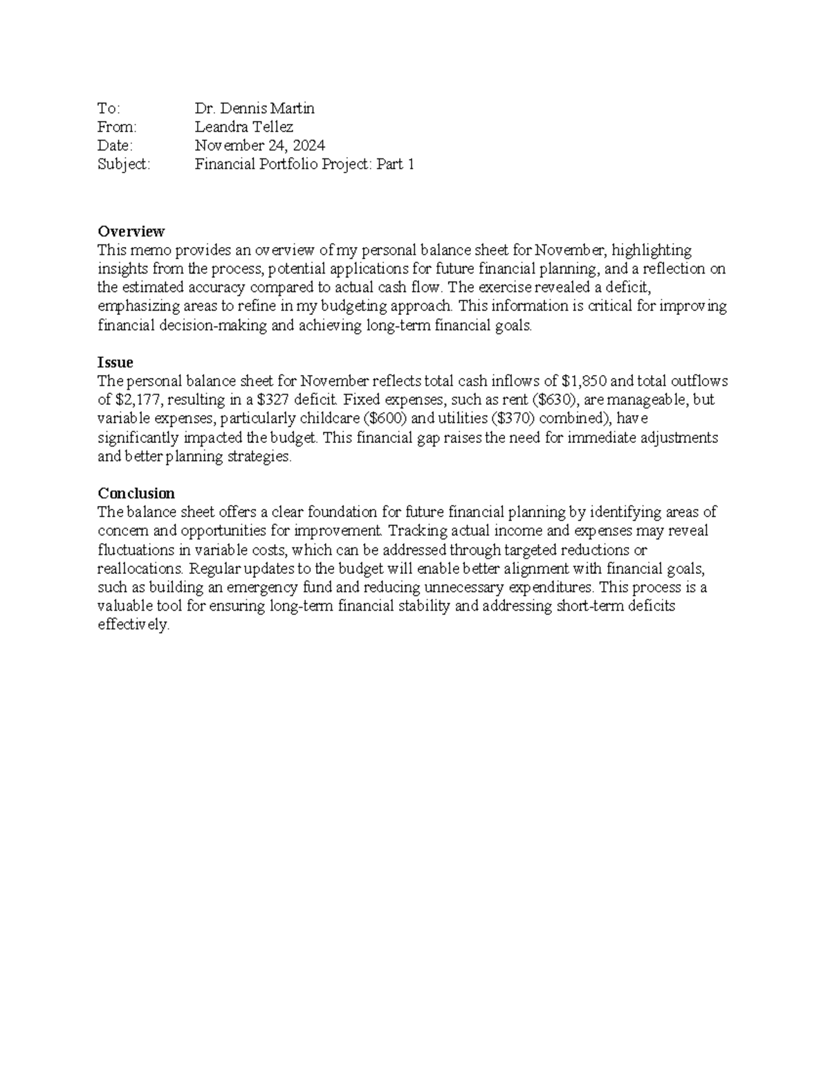 Financial Portfolio Project. Part 1 Summary 11 - To: Dr. Dennis Martin ...