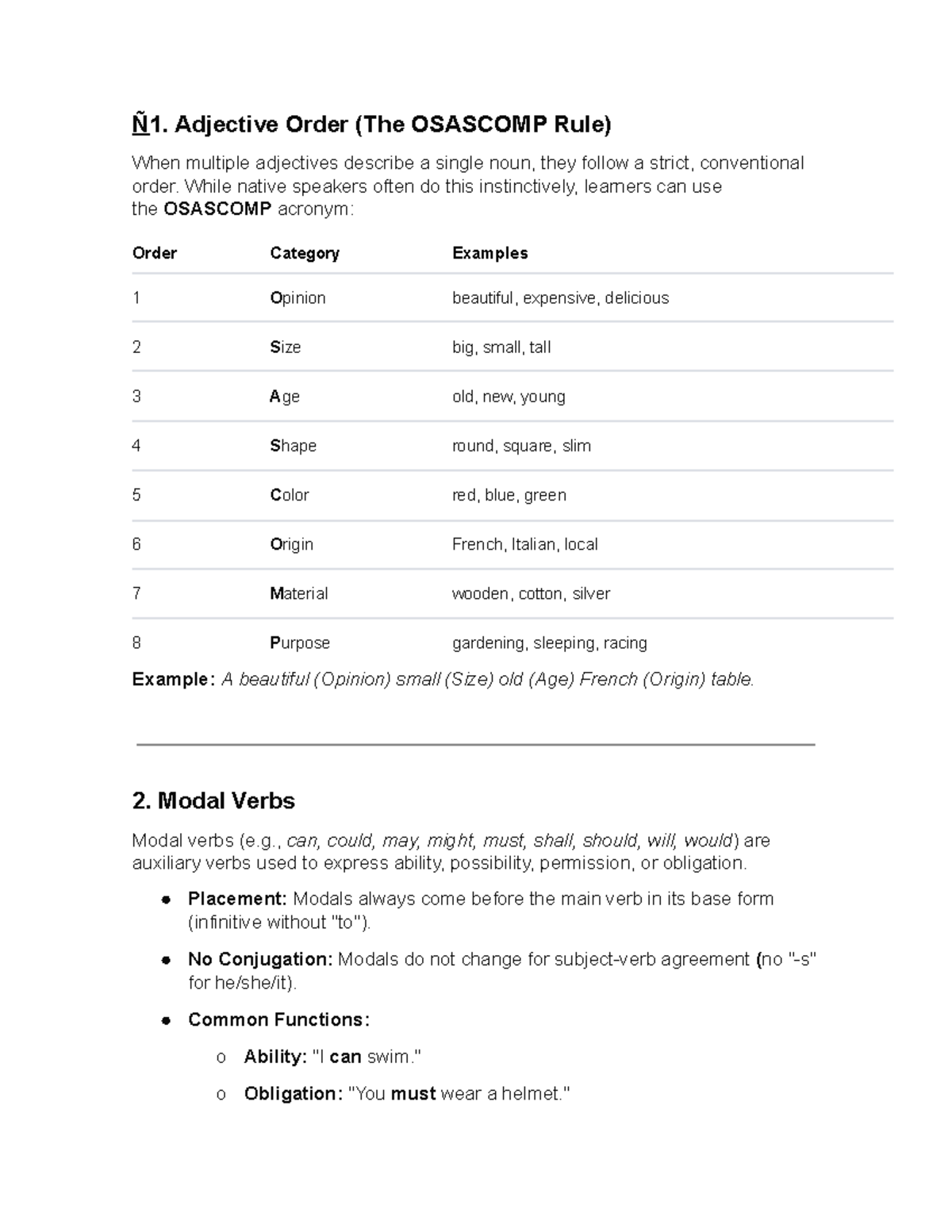Modals and Adjective Order: Understanding OSASCOMP Rules - Studocu