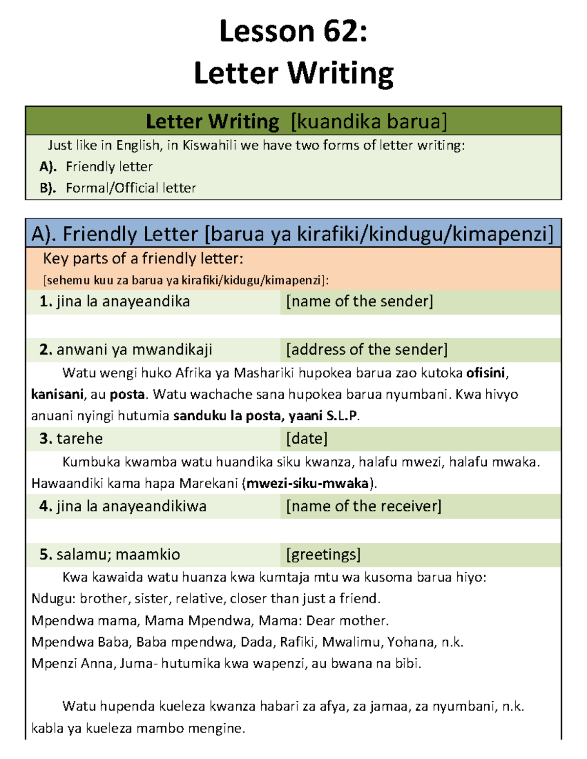 Kiswahili Letter Writing: Friendly vs Formal Letters - Lesson 62 - Studocu