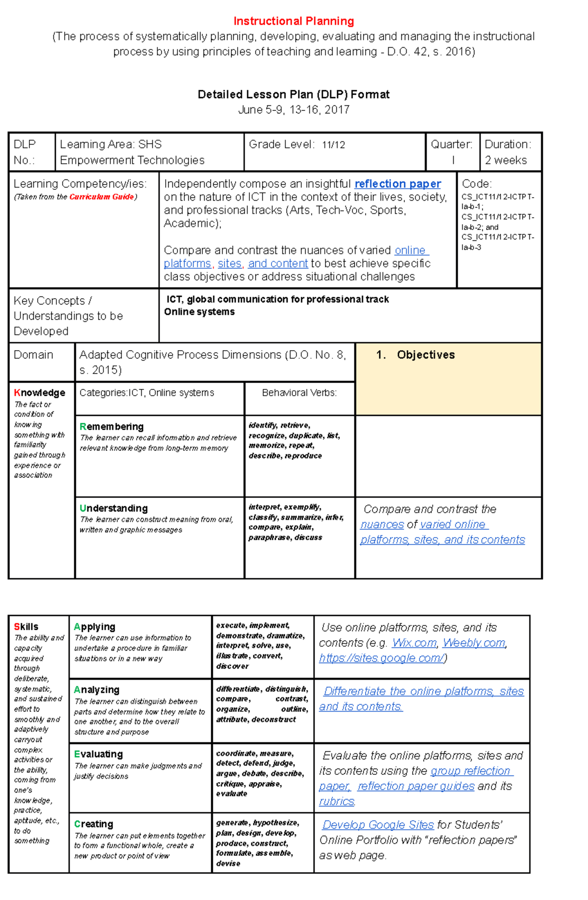 DLP Weeks 1-2: Daily Lesson Plans for Empowerment Technology (SHS ...