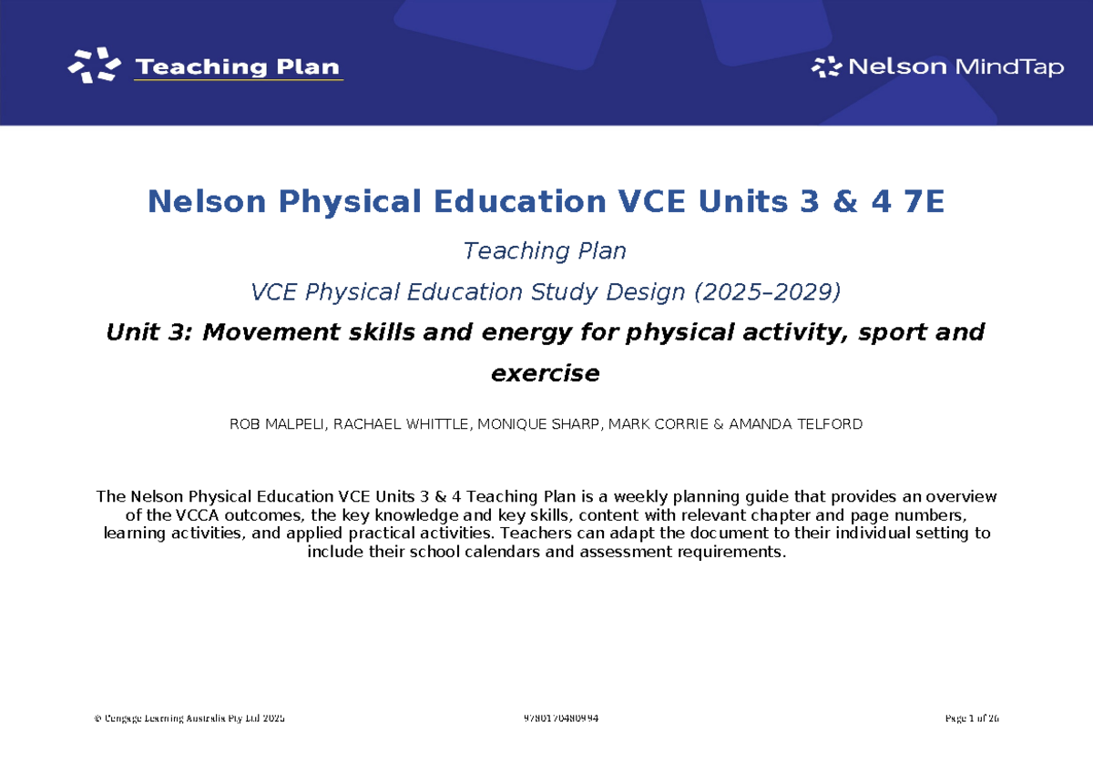 Nelson PE VCE Units 3 & 4 Teaching Plan: Movement Skills & Energy ...