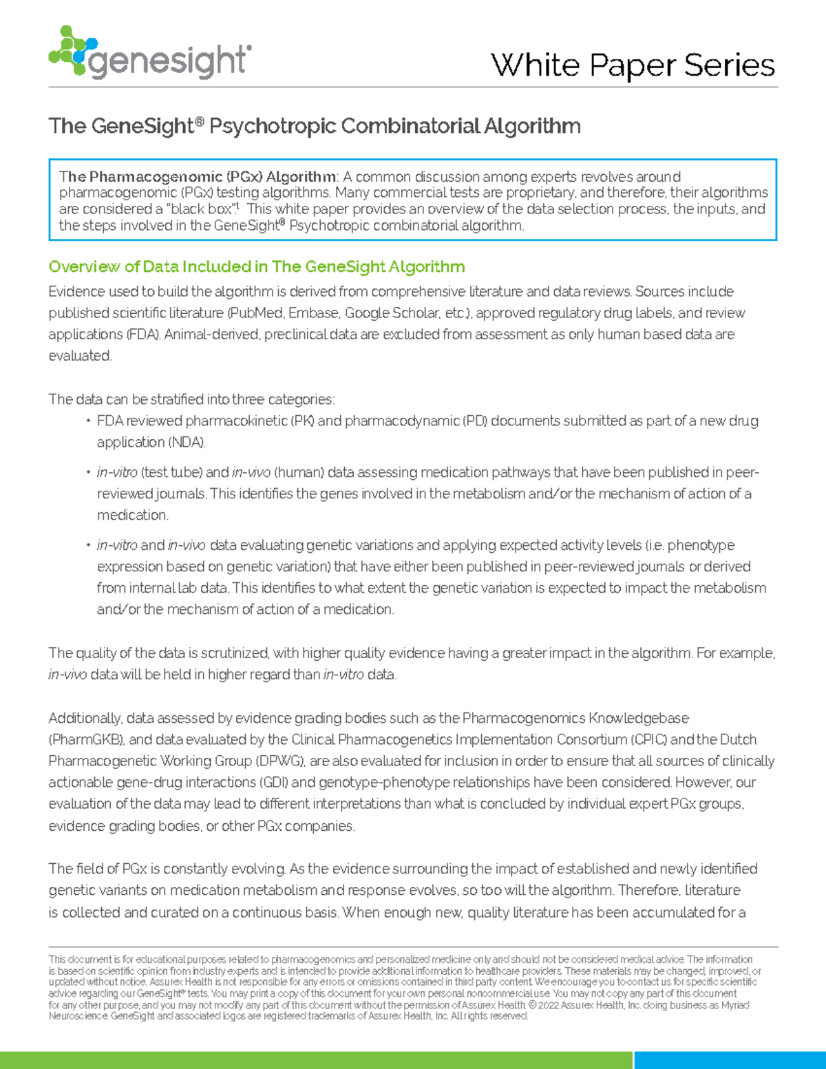GeneSight PGx Algorithm: Overview of the Psychotropic Combinatorial ...