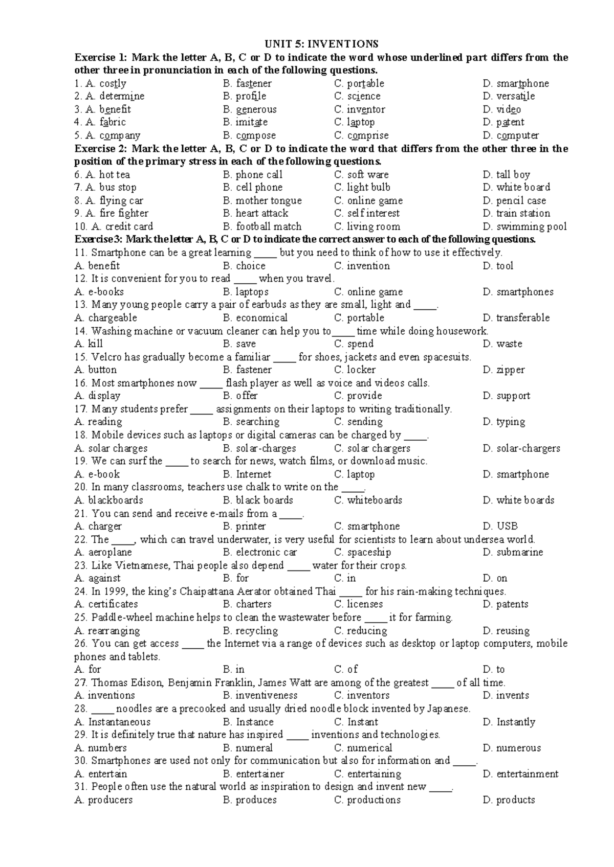 Unit 5: Inventions - Exercises on Vocabulary and Pronunciation - Studocu