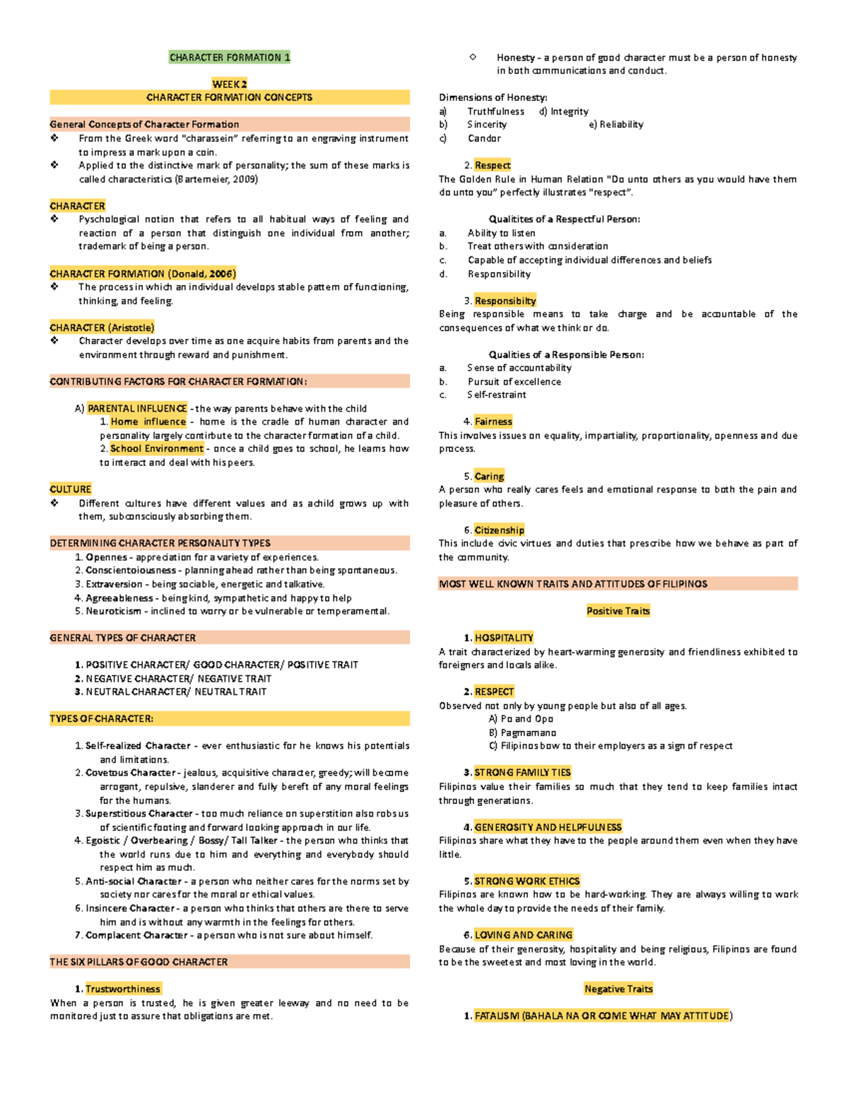 Character Formation 1: Key Concepts and Influences Review - Studocu