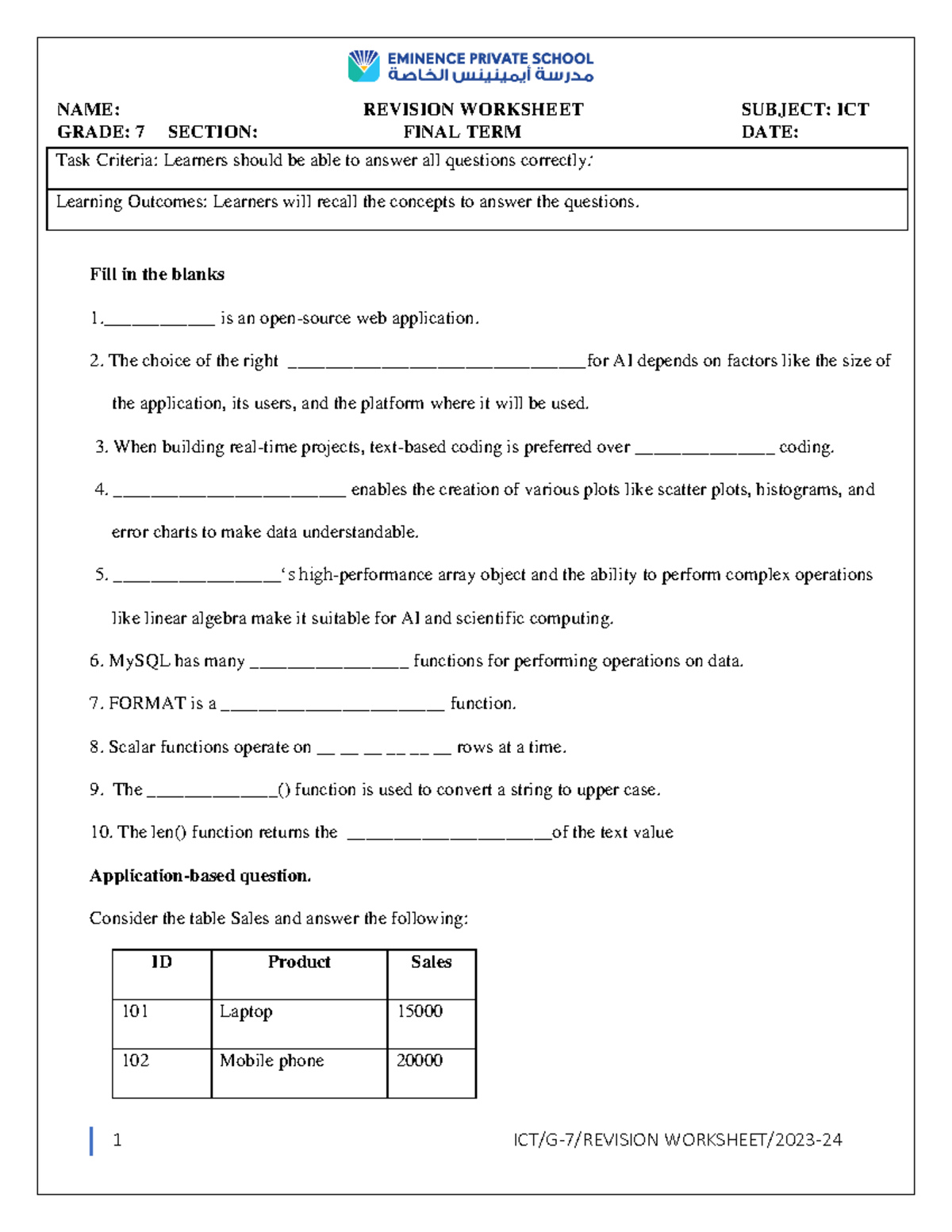 Gr7 ICt Revision Worksheet - 1 ICT/G- 7 /REVISION WORKSHEET/ 2023 - 24 NAME: REVISION WORKSHEET ...