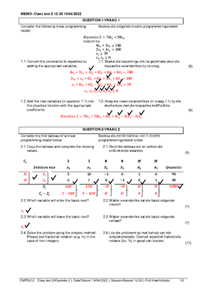 CMPG312 Class Test: Simplex Method & Dual Problem Solutions - Studocu