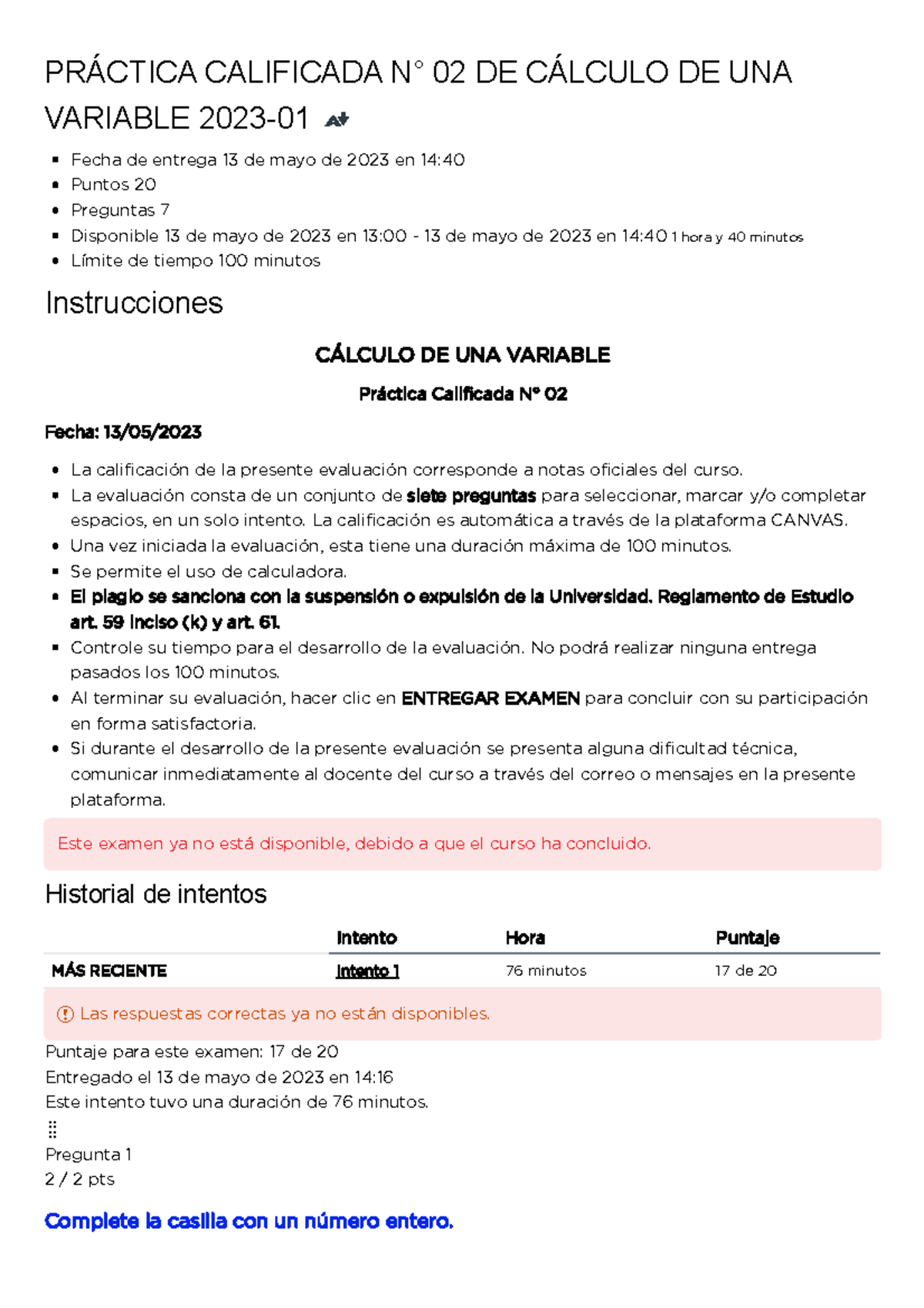 Práctica Calificada N° 02 de Cálculo de Una Variable - 2023 - Studocu