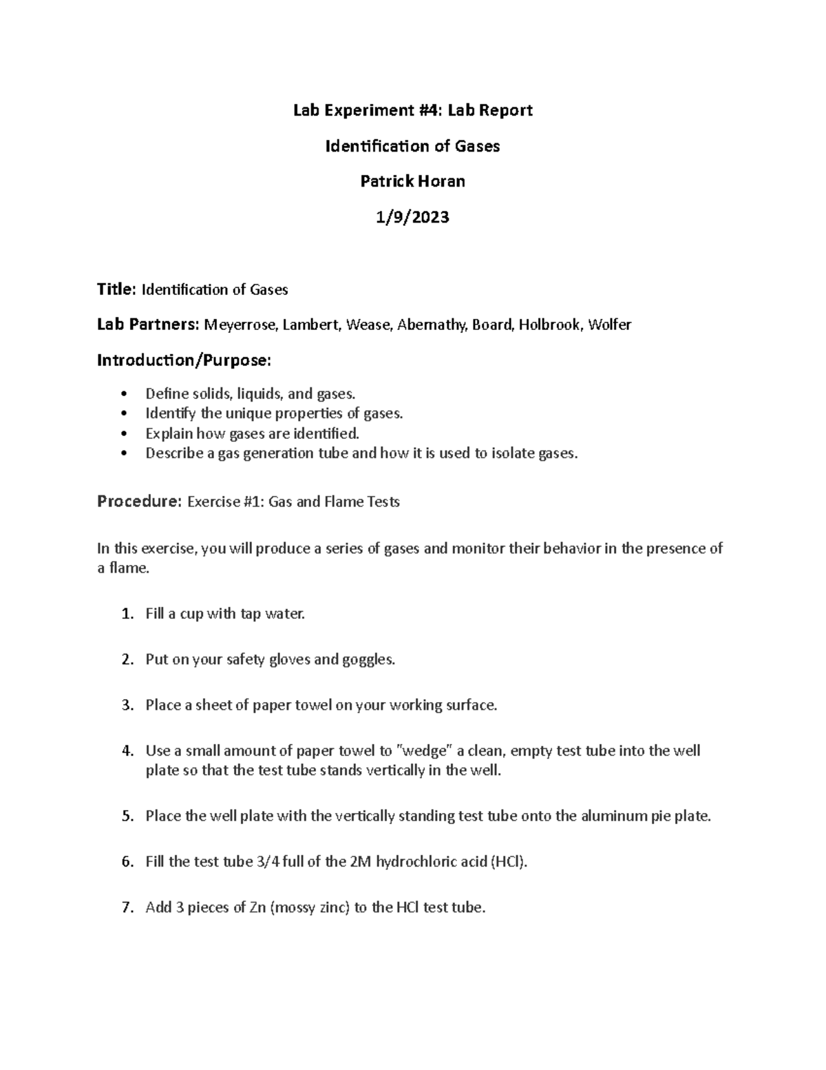 Lab Experiment Four Lab Report-Patrick Horan - Lab Experiment #4: Lab Report Identification of ...