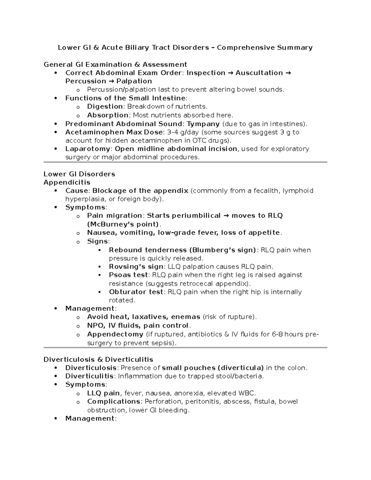 Lower GI + Acute Biliary Tract Disorders - Summary - Lower GI & Acute ...