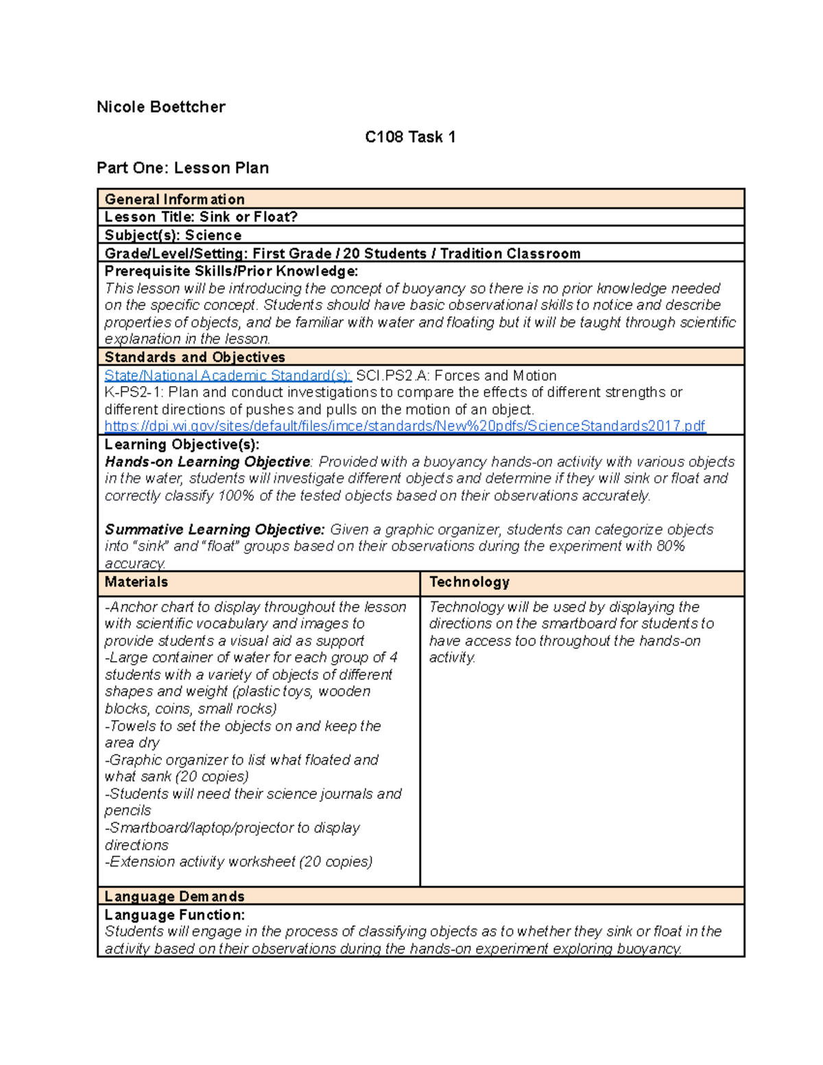 C108 Task 1: Lesson Plan on Buoyancy for First Grade Science - Studocu