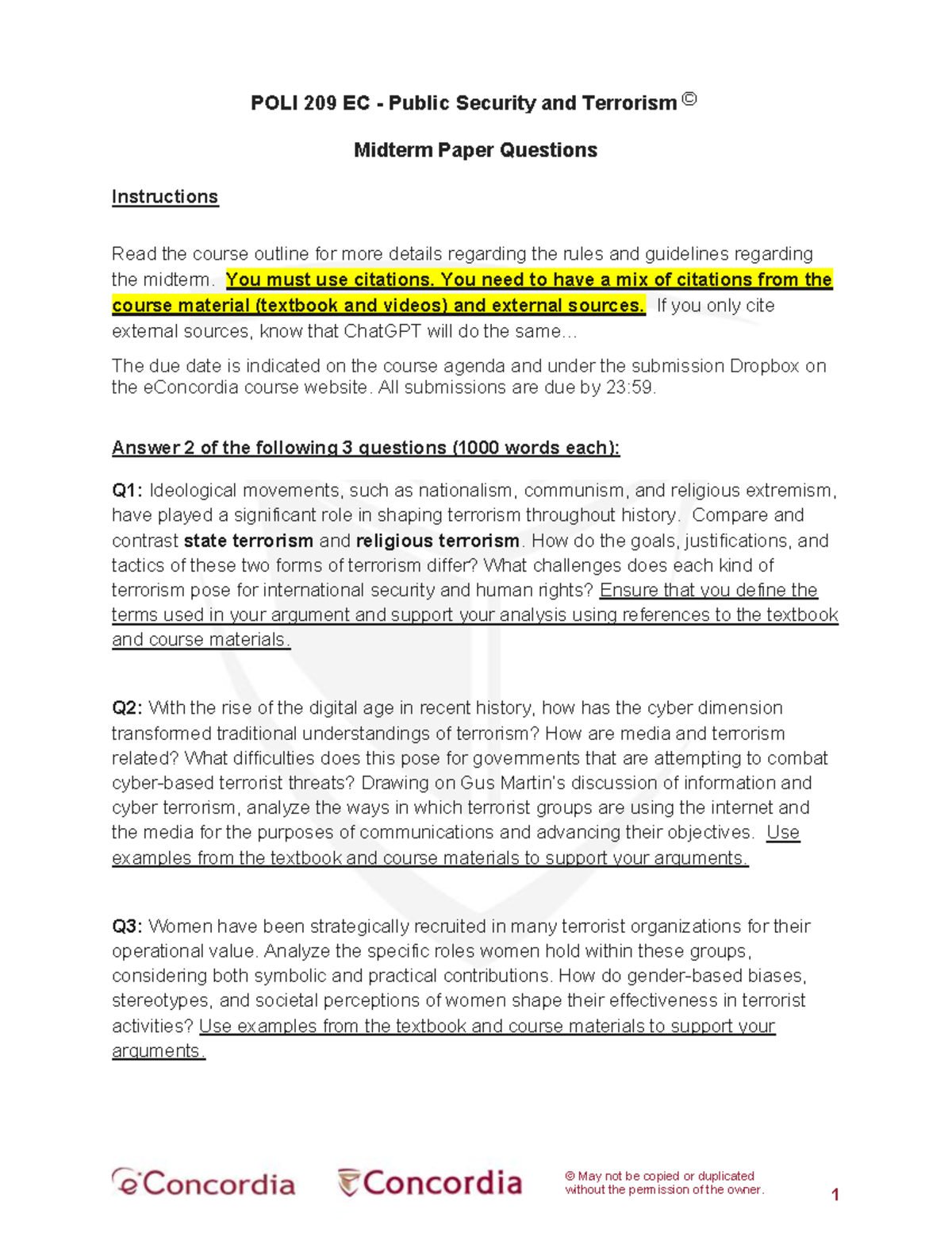 POLI 209 EC Midterm Paper: Security & Terrorism Questions - Studocu