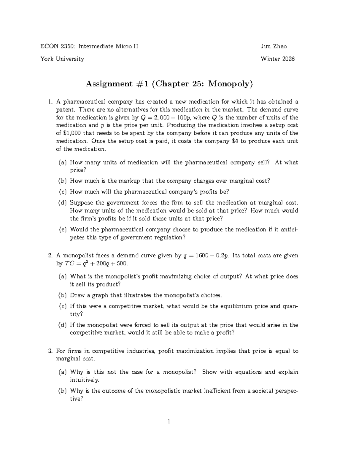 ECON 2350: Ch 25 Assignment on Monopoly Analysis - Studocu