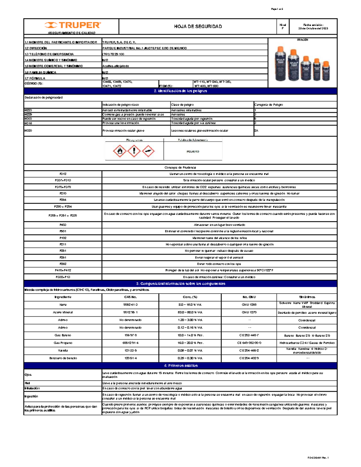 HOJA DE SEGURIDAD Nivel F - Truper, S.A. de C.V. (Octubre 2023) - Studocu