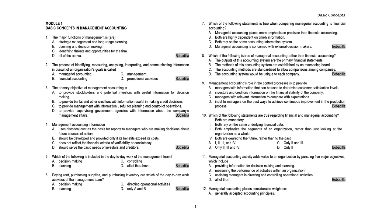 Basic Concepts in Management Accounting (MODULE 1) - Studocu