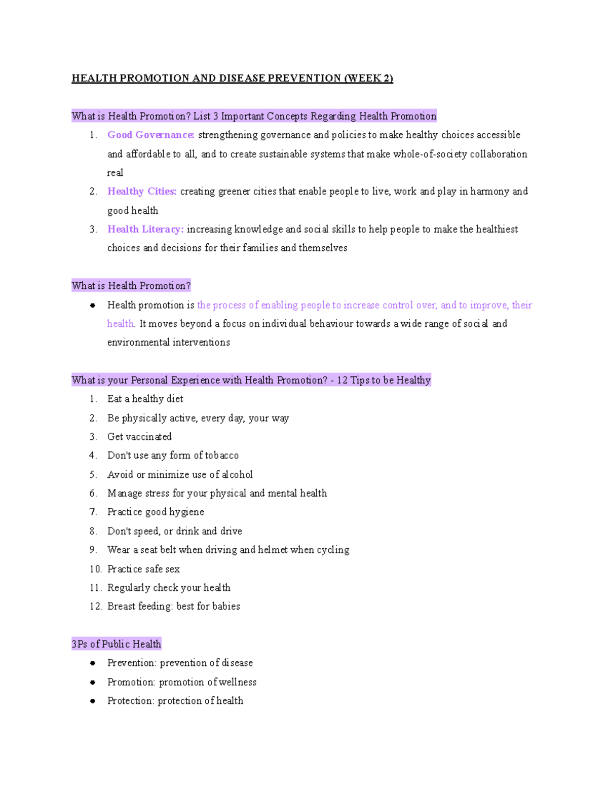 HSS3108 Health Promotion & Disease Prevention (Week 2) Notes - Studocu