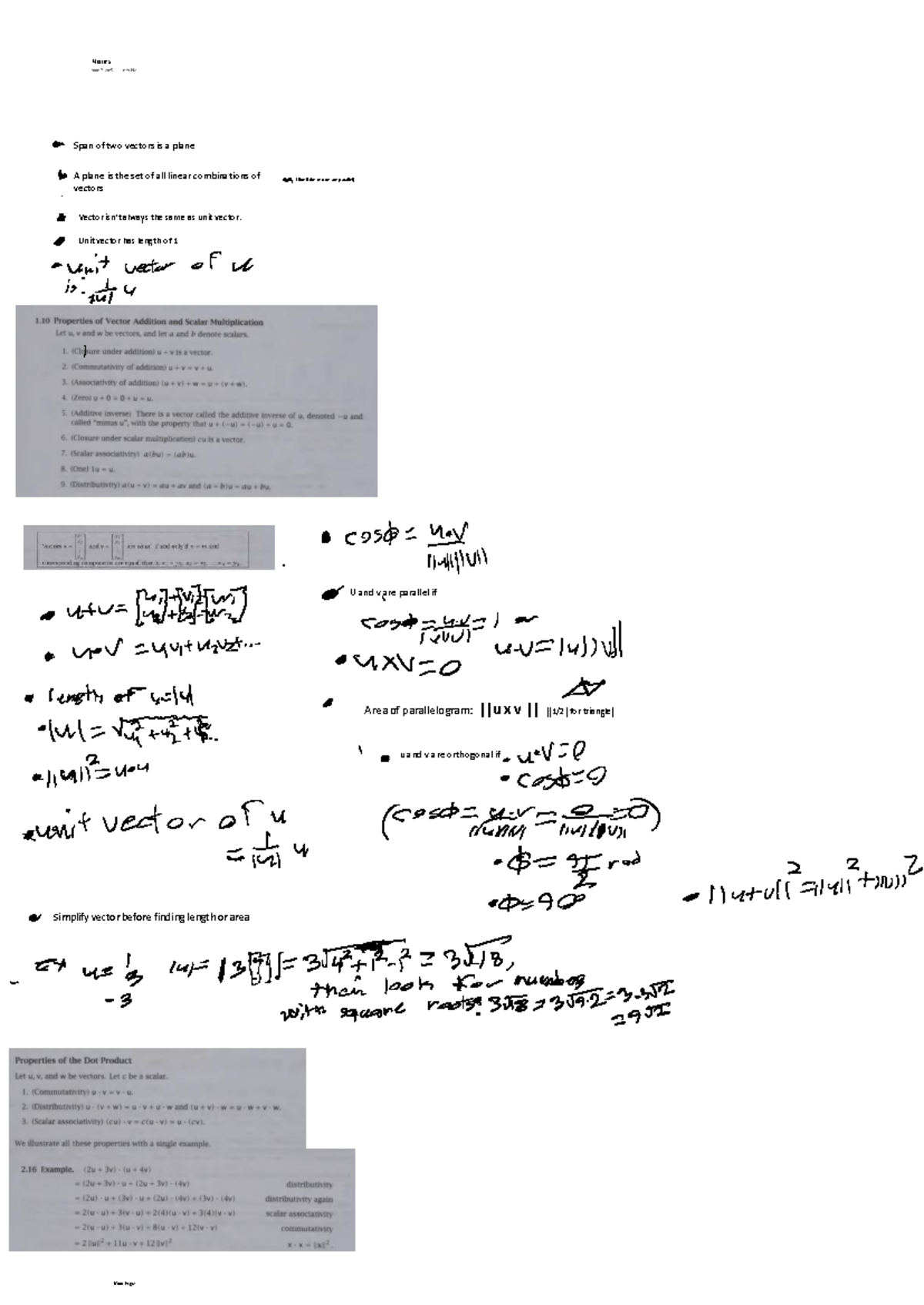 Math 2050 Linear Algebra Notes: Vectors and Planes (Ch. 1-3) - Studocu