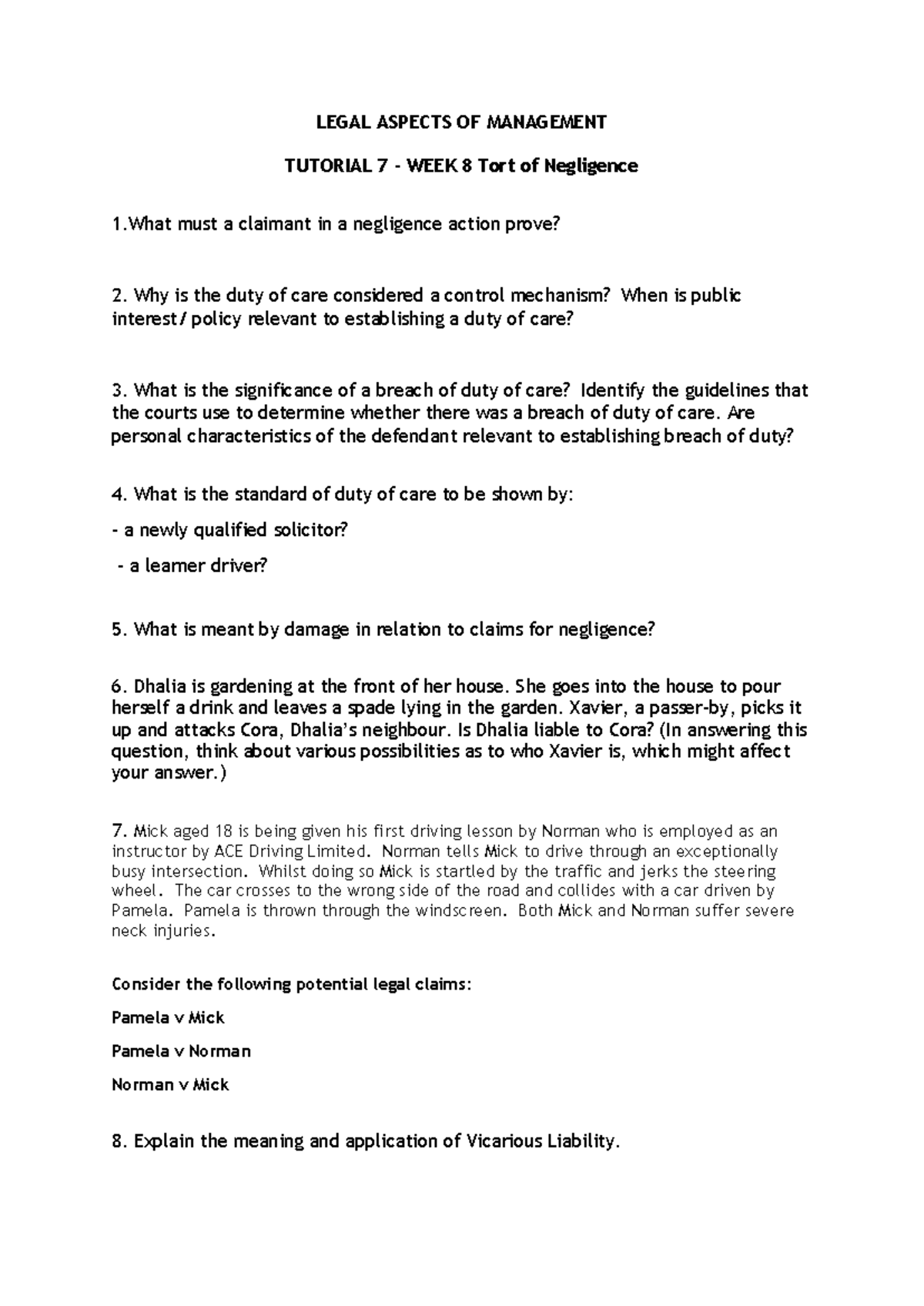 LEGAL ASPECTS OF MANAGEMENT TUTORIAL 7 WEEK 8: Tort of Negligence ...
