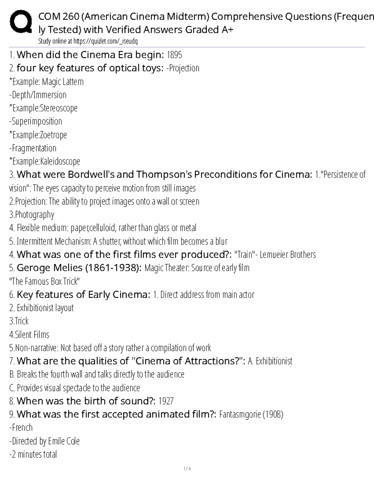 COM 260 (American Cinema Midterm) Key Questions & Verified Answers ...