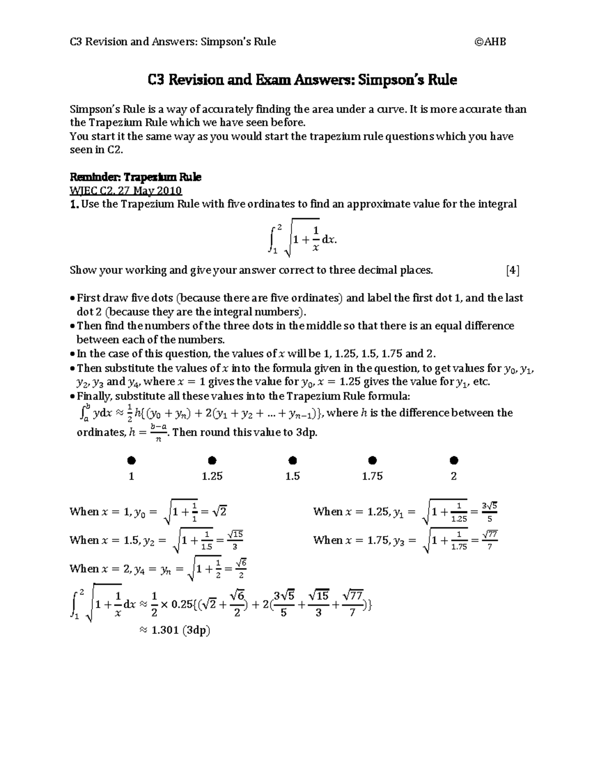 C3 Revision: Simpson and Trapezoidal Rule Exam Questions - Studocu