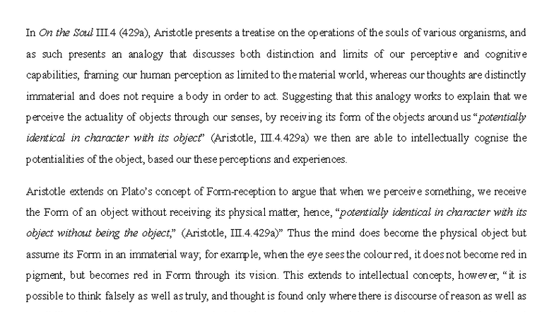Philosophy Essay: Aristotle's Analogy of Soul and Perception - Studocu