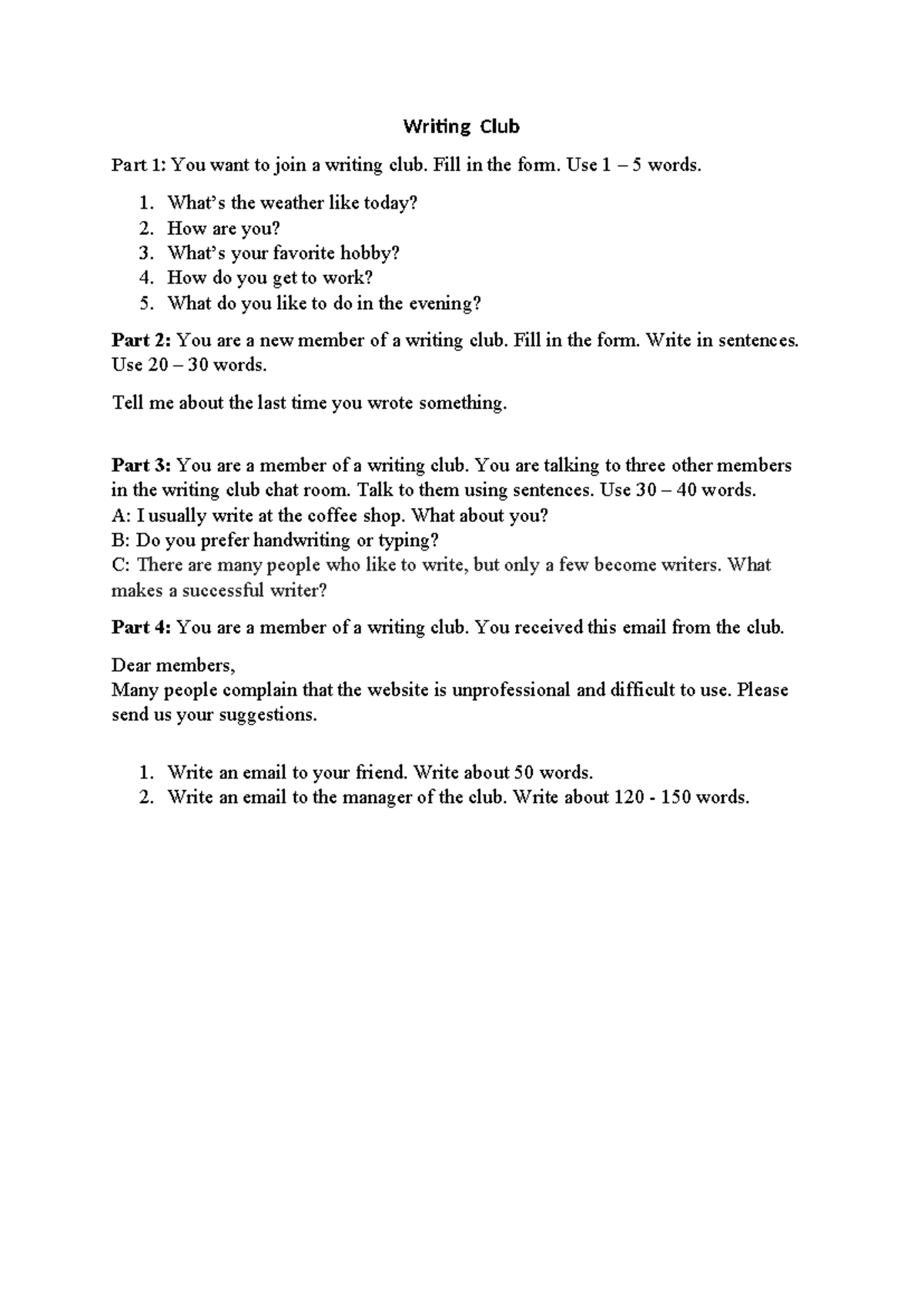 Writing CLUB - trọng tâm - Writing Club Part 1: You want to join a ...