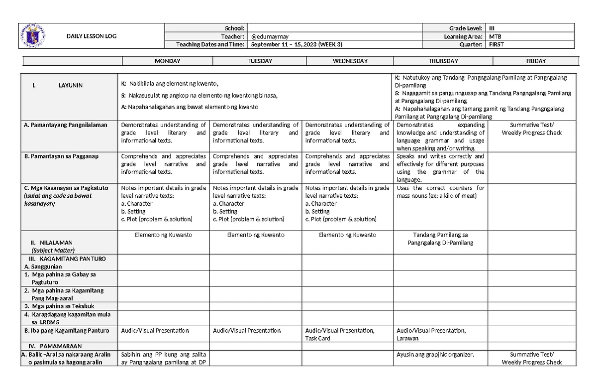 DLL Mathematics 3 Q1 W2 Daily Lesson Log and Activities - Studocu