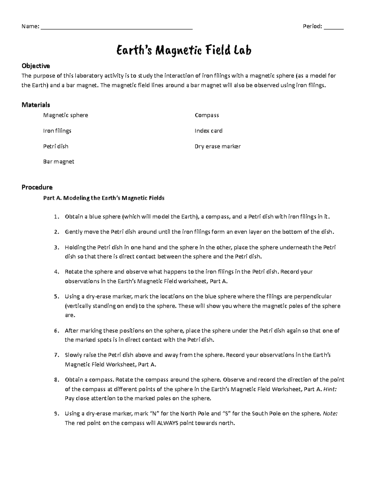 Magnetic Field Lab Worksheet (Thomas): Exploring Earth's Magnetism - Studocu