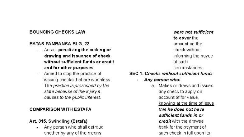 Bouncing Checks Law (BP 22): Understanding the Legal Implications - Studocu