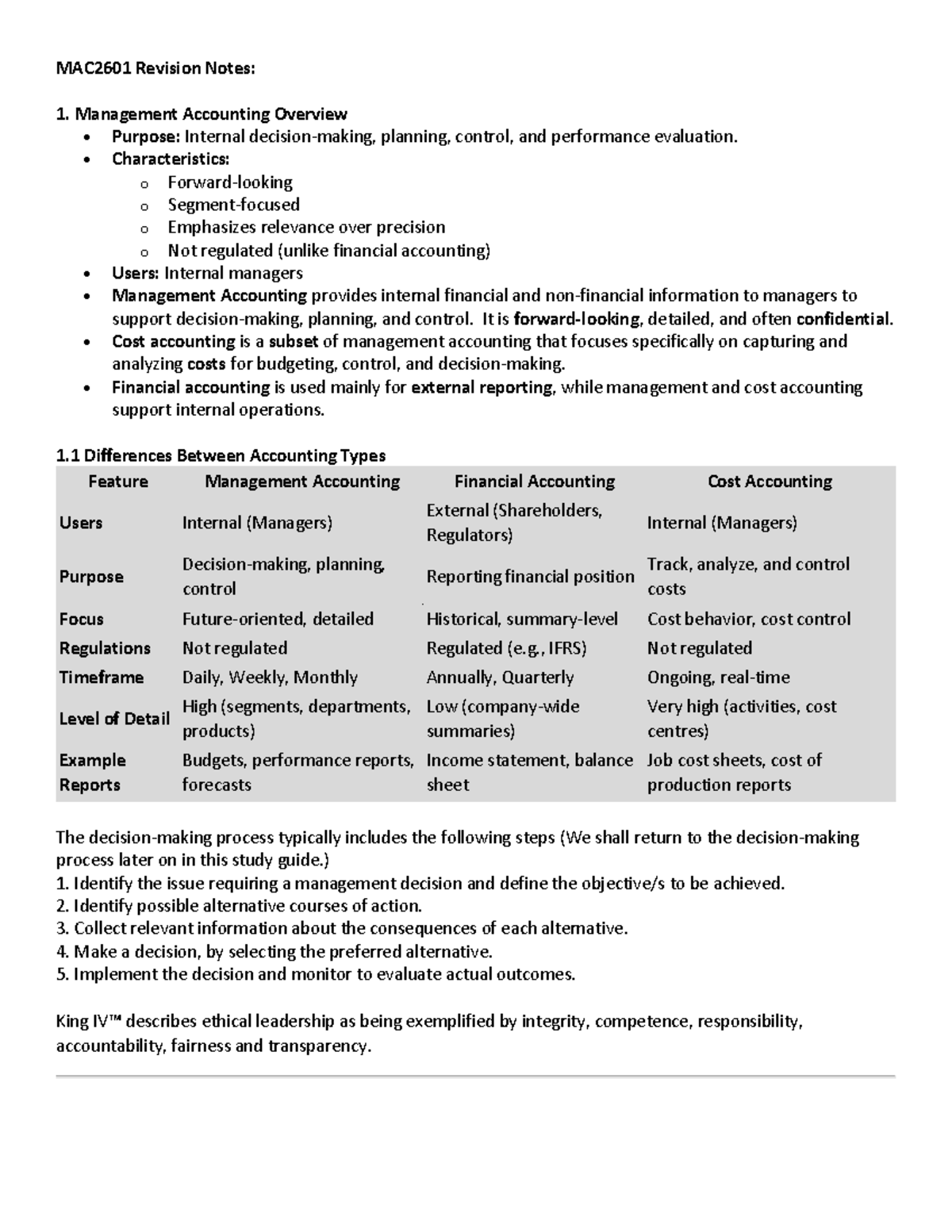 MAC2601 management accounting revision notes and key concepts - Studocu