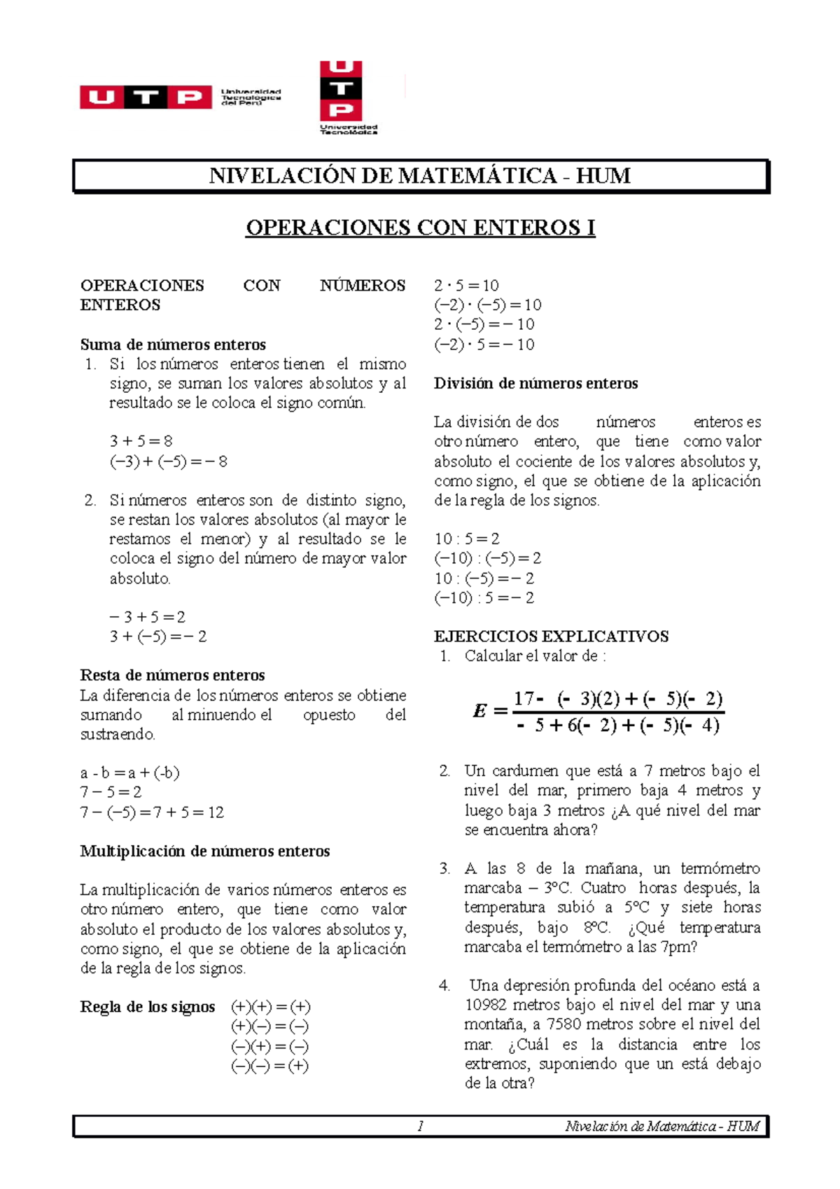 S01.s1 Ejercicios Resueltos - NIVELACIÓN DE MATEMÁTICA - HUM OPERACIONES CON ENTEROS I ...