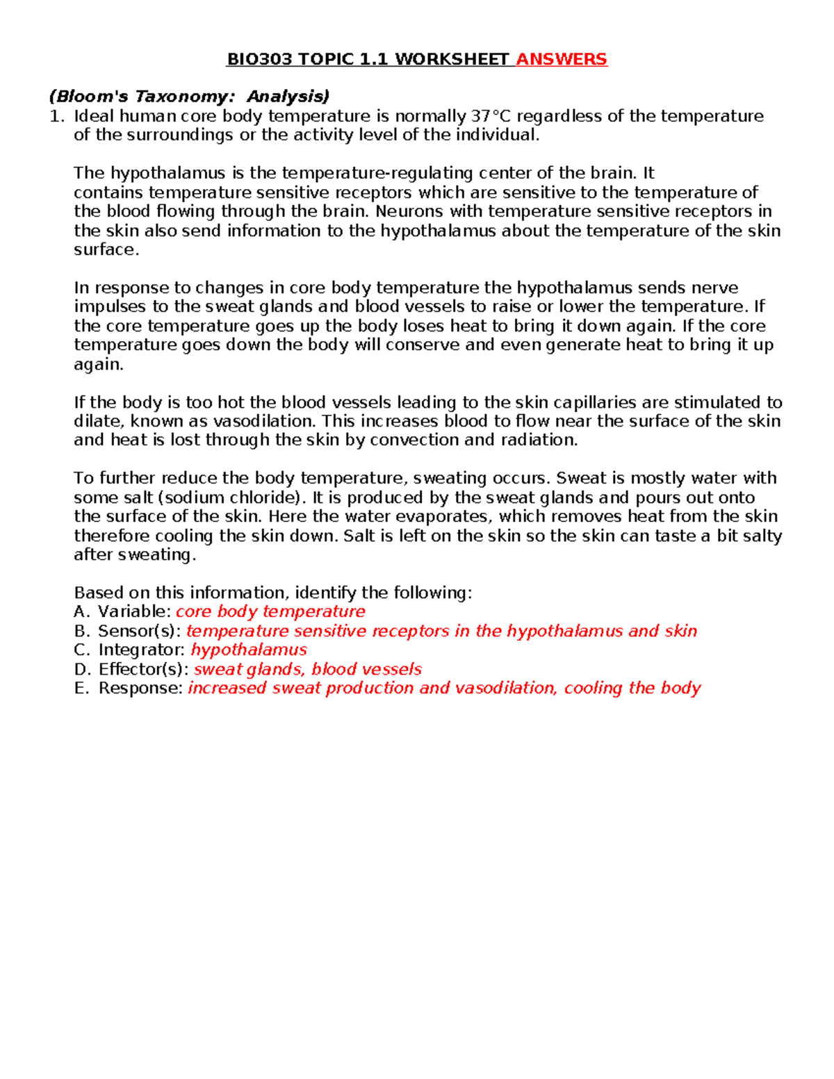 BIO303 1.1 WORKSHEET ANSWERS: Human Body Temperature Regulation - Studocu