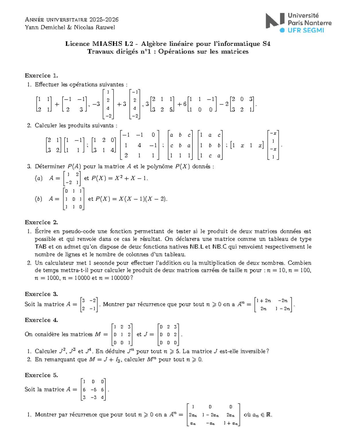 Licence MIASHS L2 S4 - Travaux sur les Matrices - Exercice 1 à 5 - Studocu