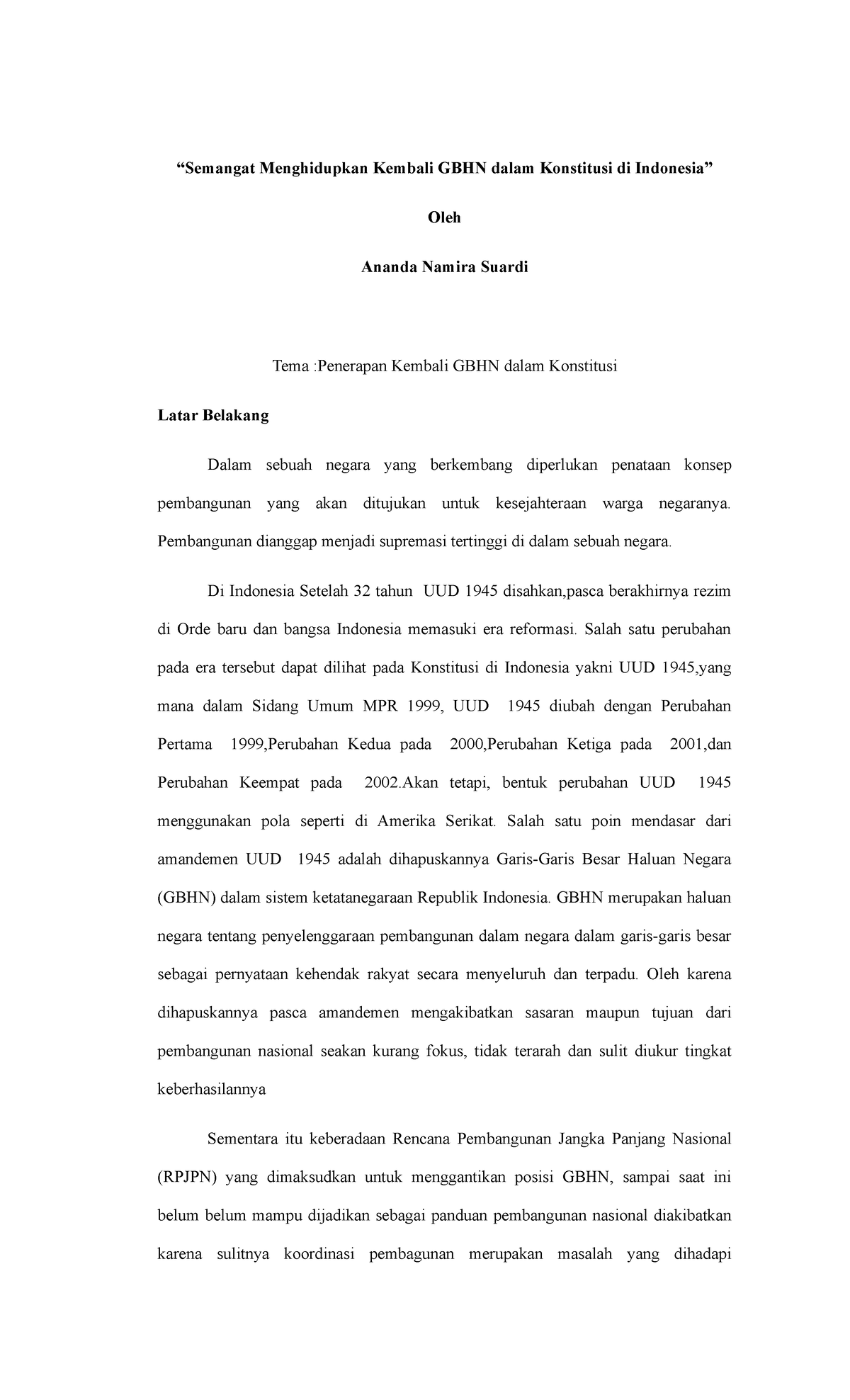 Reformulasi GBHN dalam Konstitusi Indonesia untuk Pembangunan ...