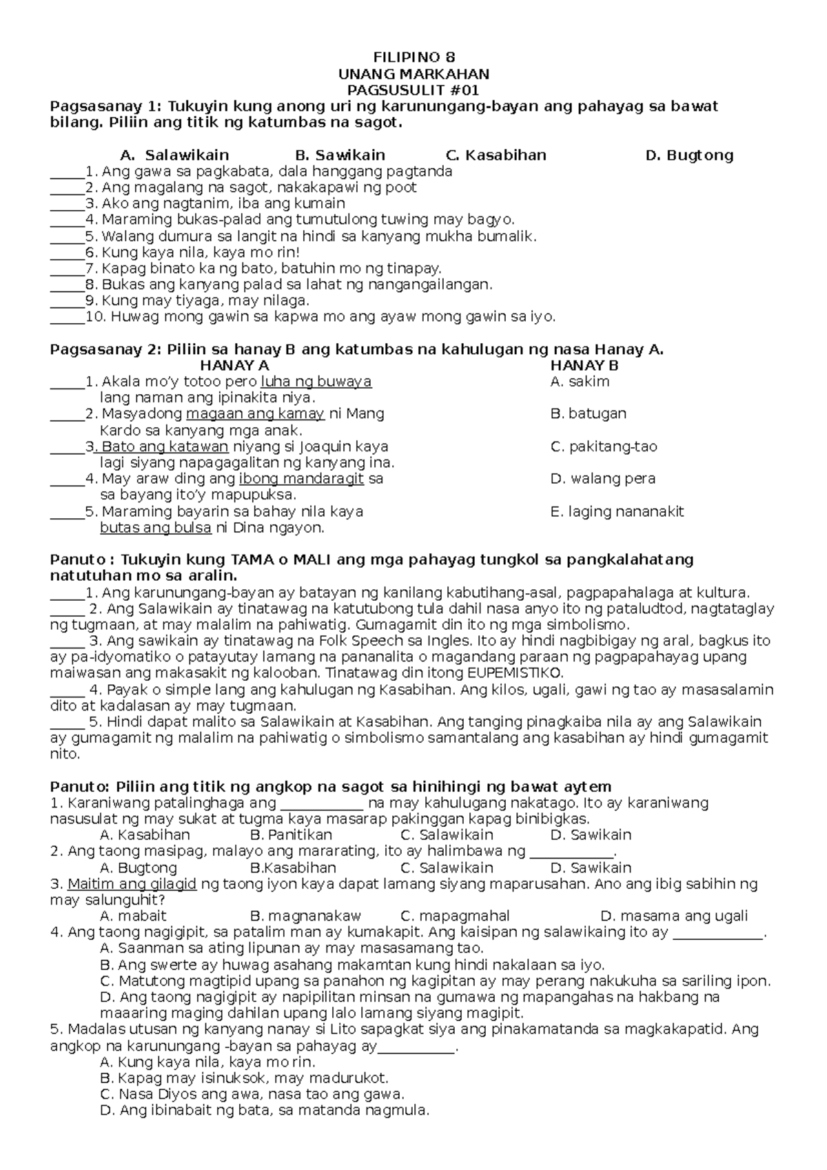 FIL8 - QUIZ 1 - Pagsusulit sa Karunungang-Bayan - Studocu