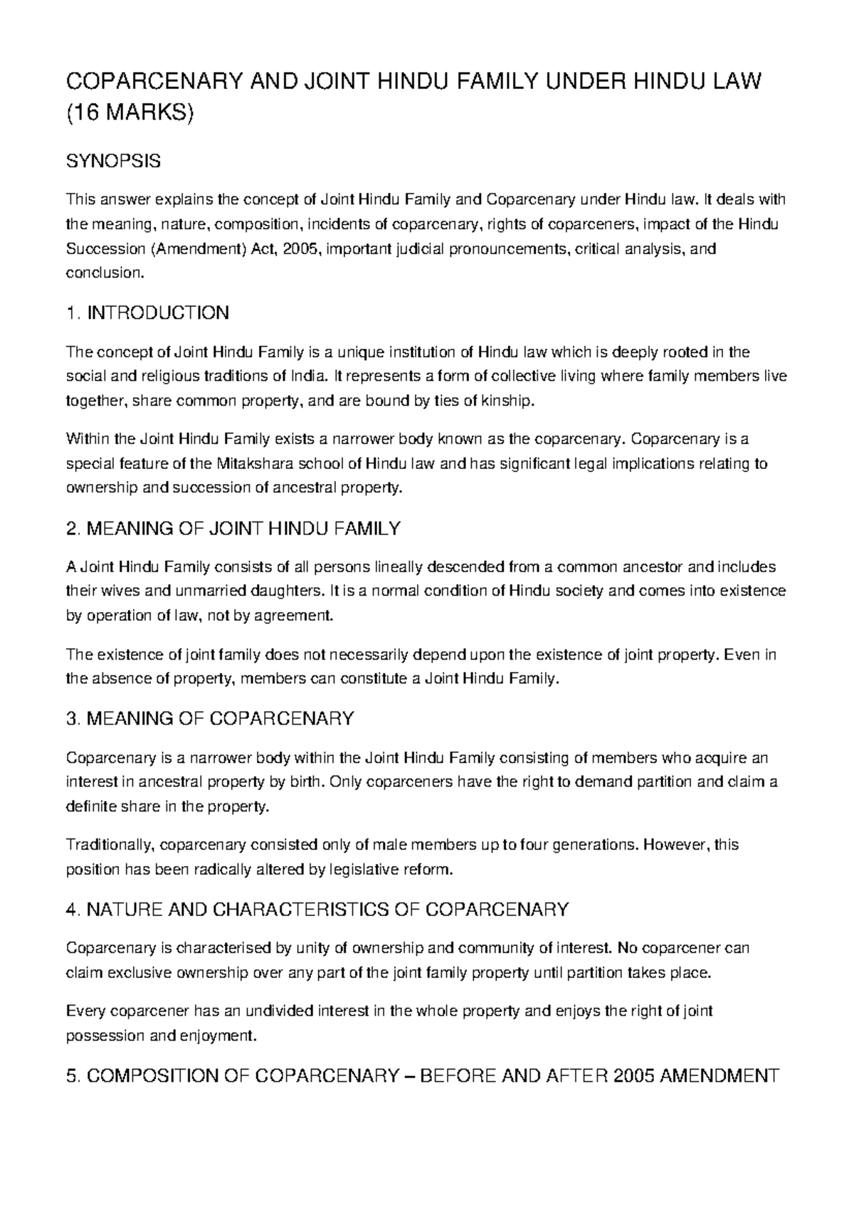COPARCENARY & JOINT HINDU FAMILY UNDER HINDU LAW (16 MARKS) - Studocu