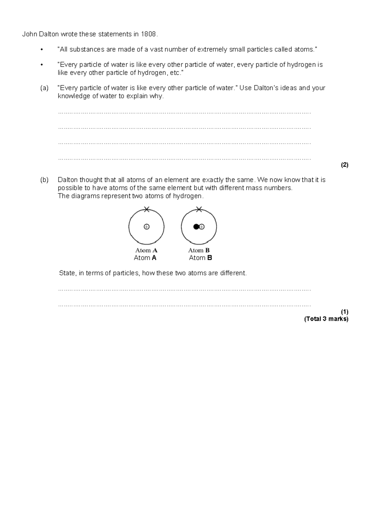 Year 10 Chemistry Exam Questions - Dalton's Atomic Theory - Studocu