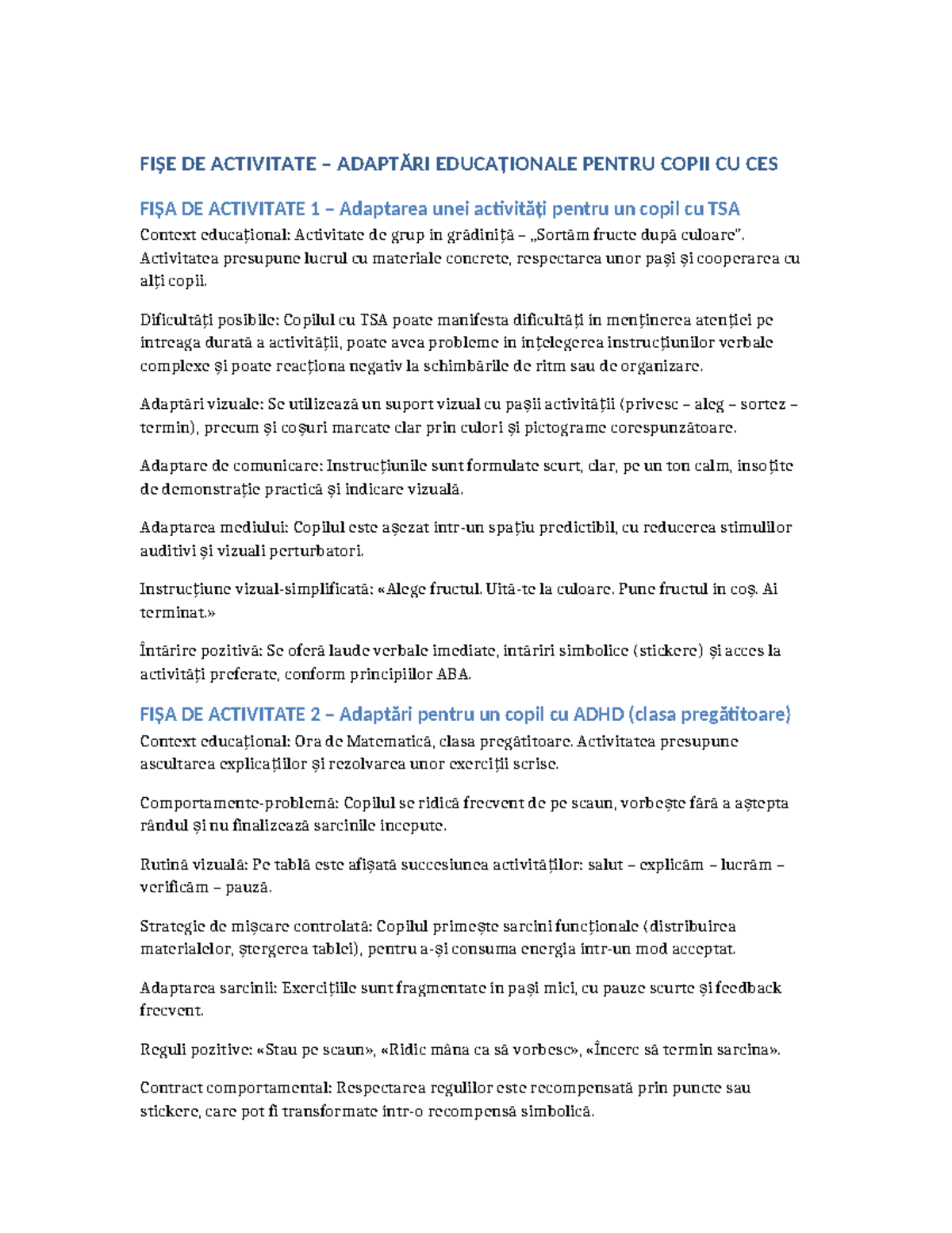FIȘE DE ACTIVITATE PENTRU COPII CU CES - ADAPTĂRI EDUCAȚIONALE - Studocu