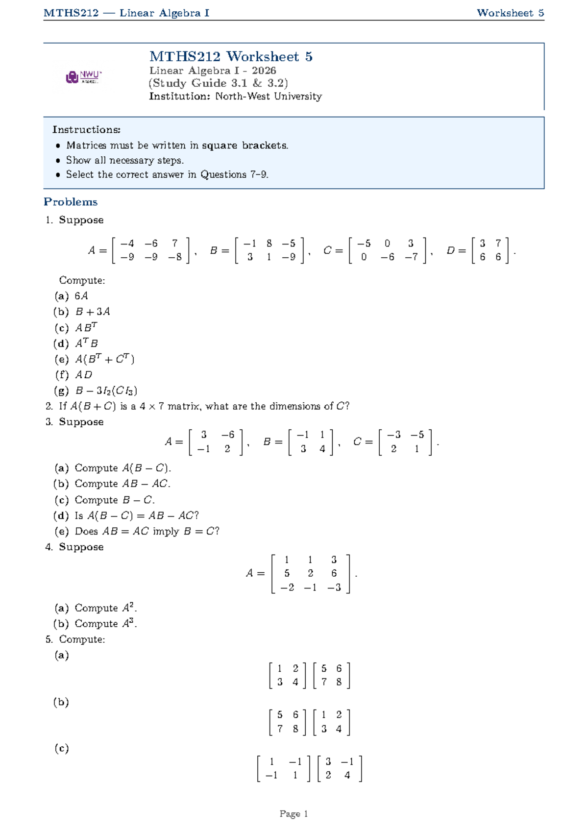 MTHS212 Linear Algebra I Worksheet 5 Study Guide 3.1 & 3.2 - Studocu