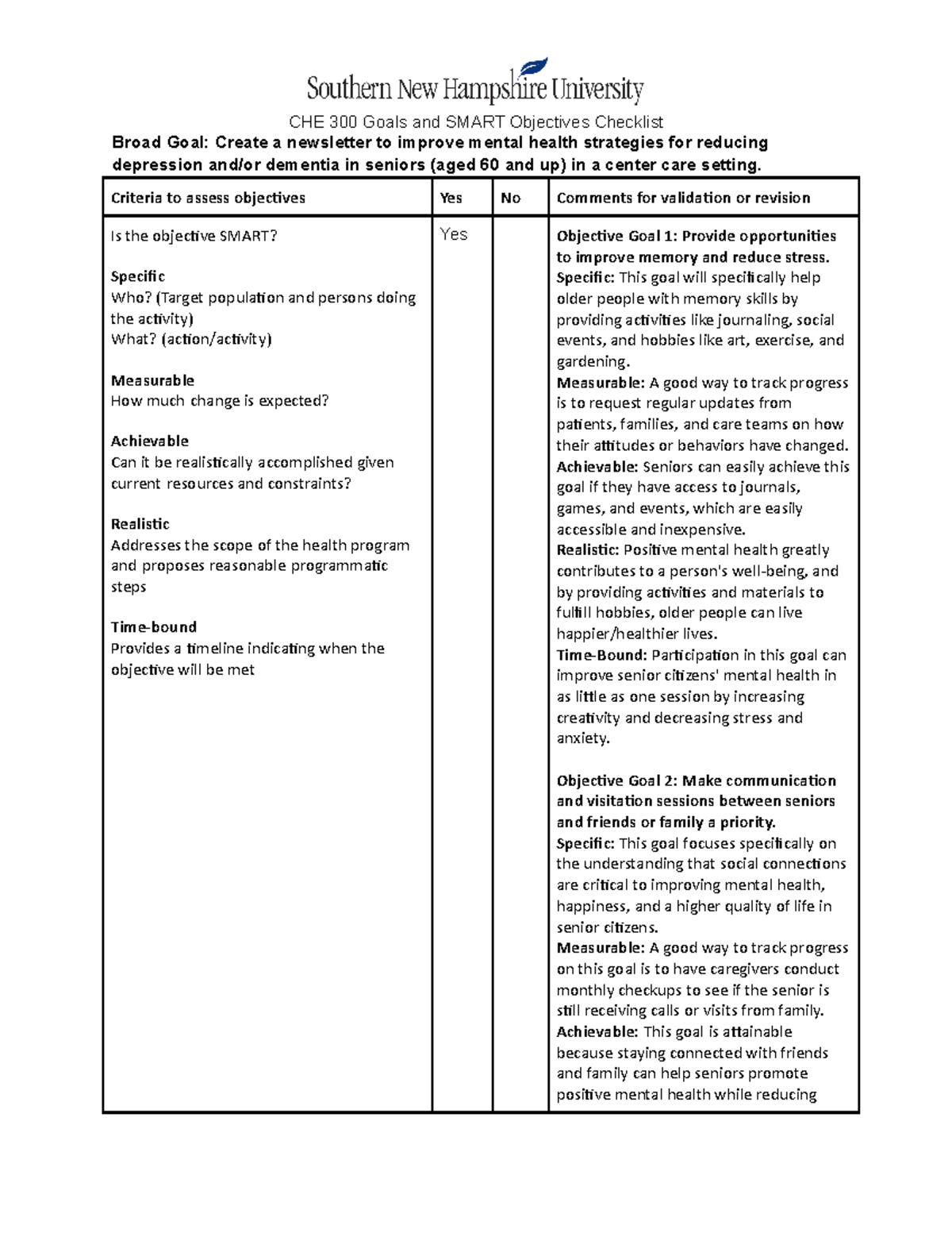 CHE 300 SMART Goals & Objectives for Senior Mental Health Improvement ...