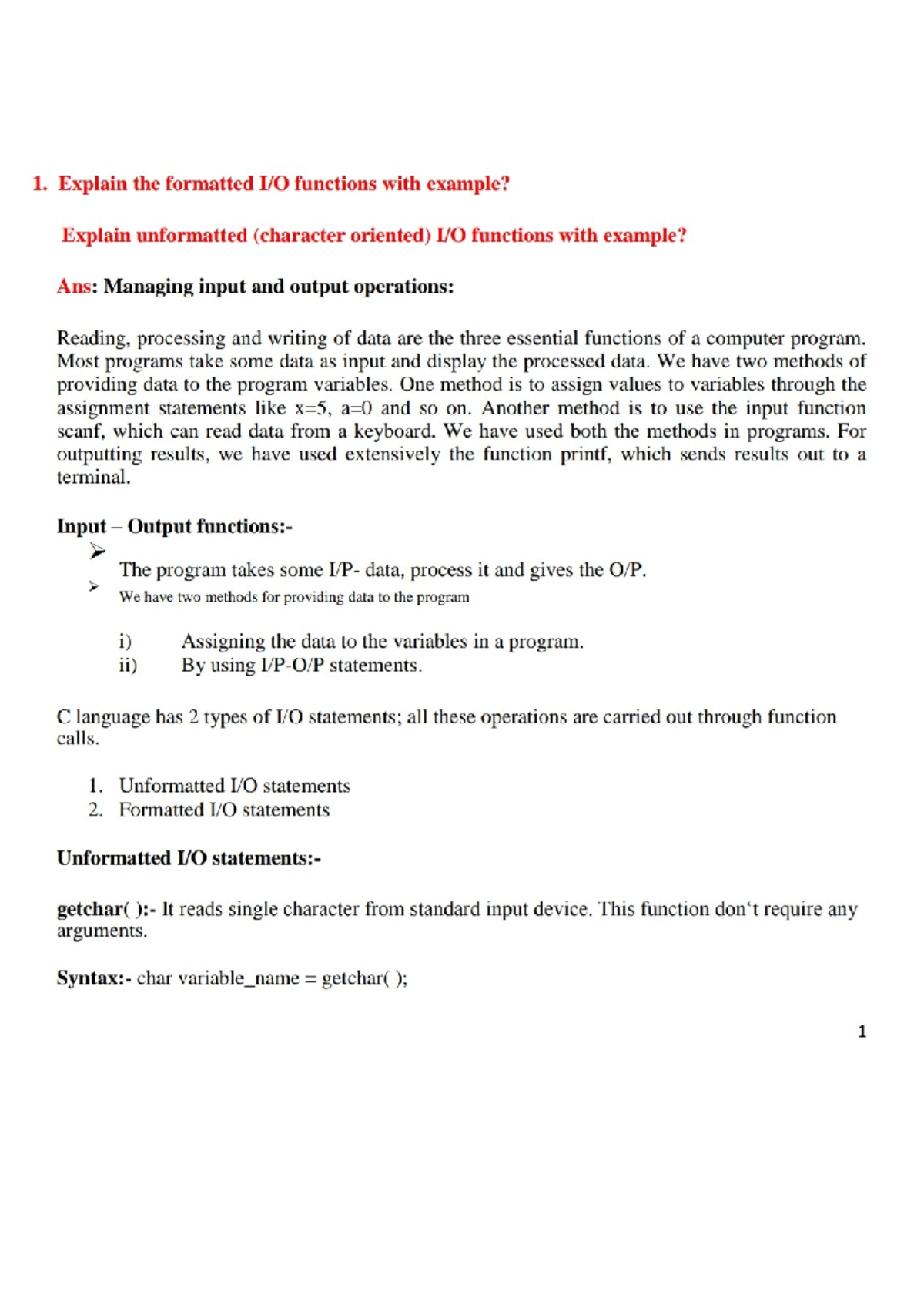 BCA 1SEM C Programming: Formatted vs Unformatted Functions Explained ...