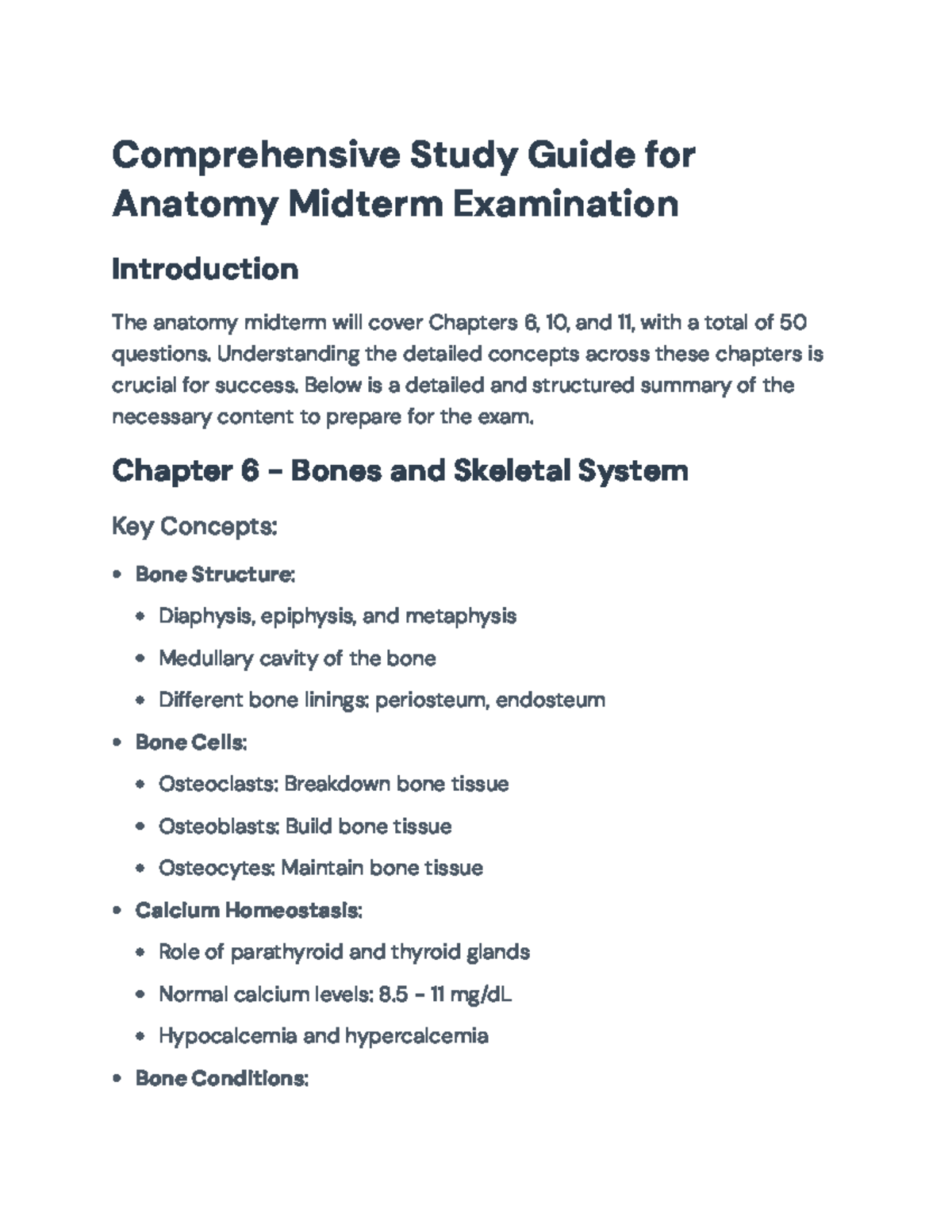 Anatomy Midterm Exam Study Guide: Key Concepts from Chapters 6, 10, 11 - Comprehensive Study ...