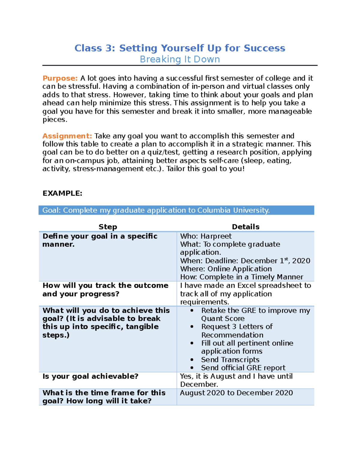Class 3 Break It Down Assignment - Class 3: Setting Yourself Up for ...