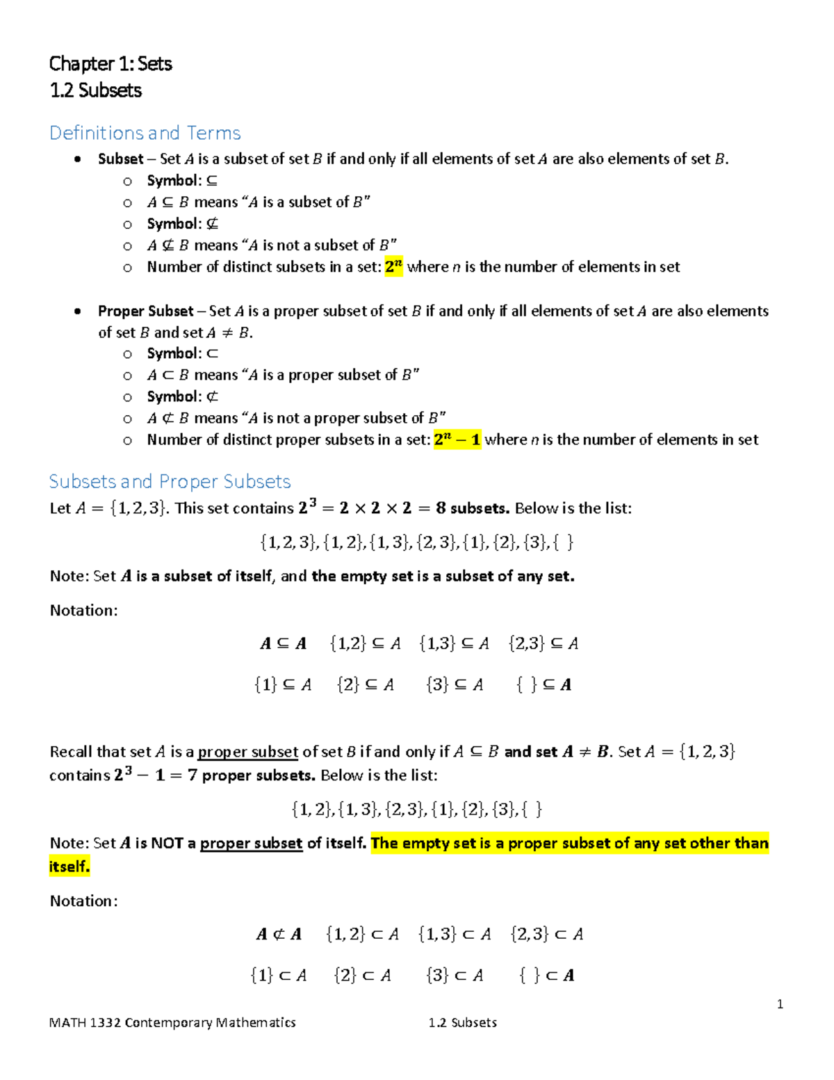 MATH 1332 Contemporary Mathematics: Chapter 1.2 Subsets Overview - Studocu