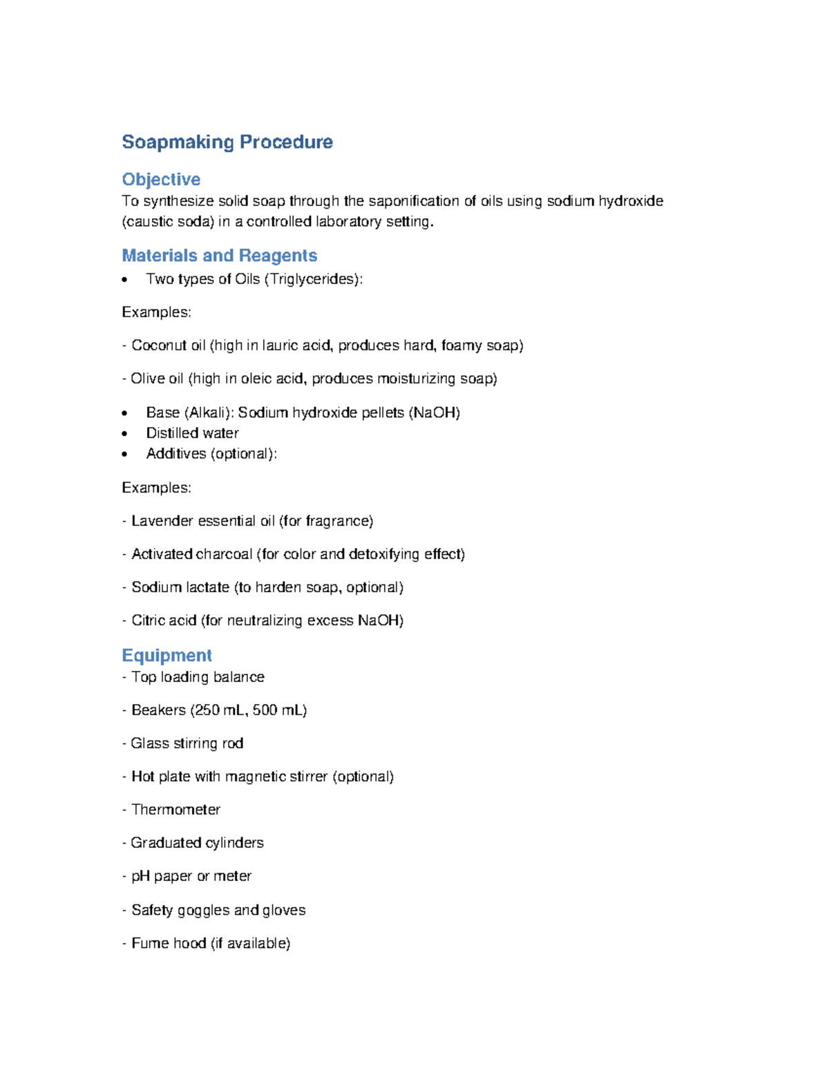 Soapmaking Procedure: Saponification of Oils Using NaOH in Lab Setting ...