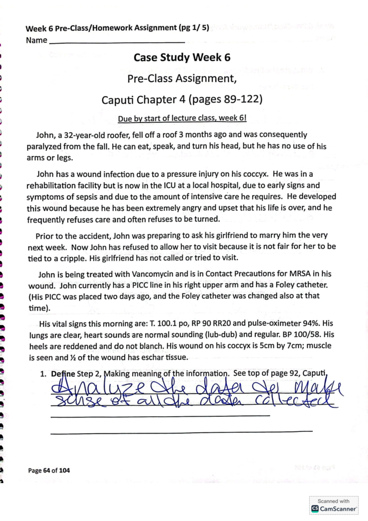 NUR 155 Week 6 Pre-Class Case Study Assignment on Patient Care - Studocu